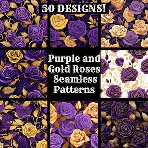 Purple and Gold Roses Seamless Digital Paper, Printable Scrapbook Paper ...