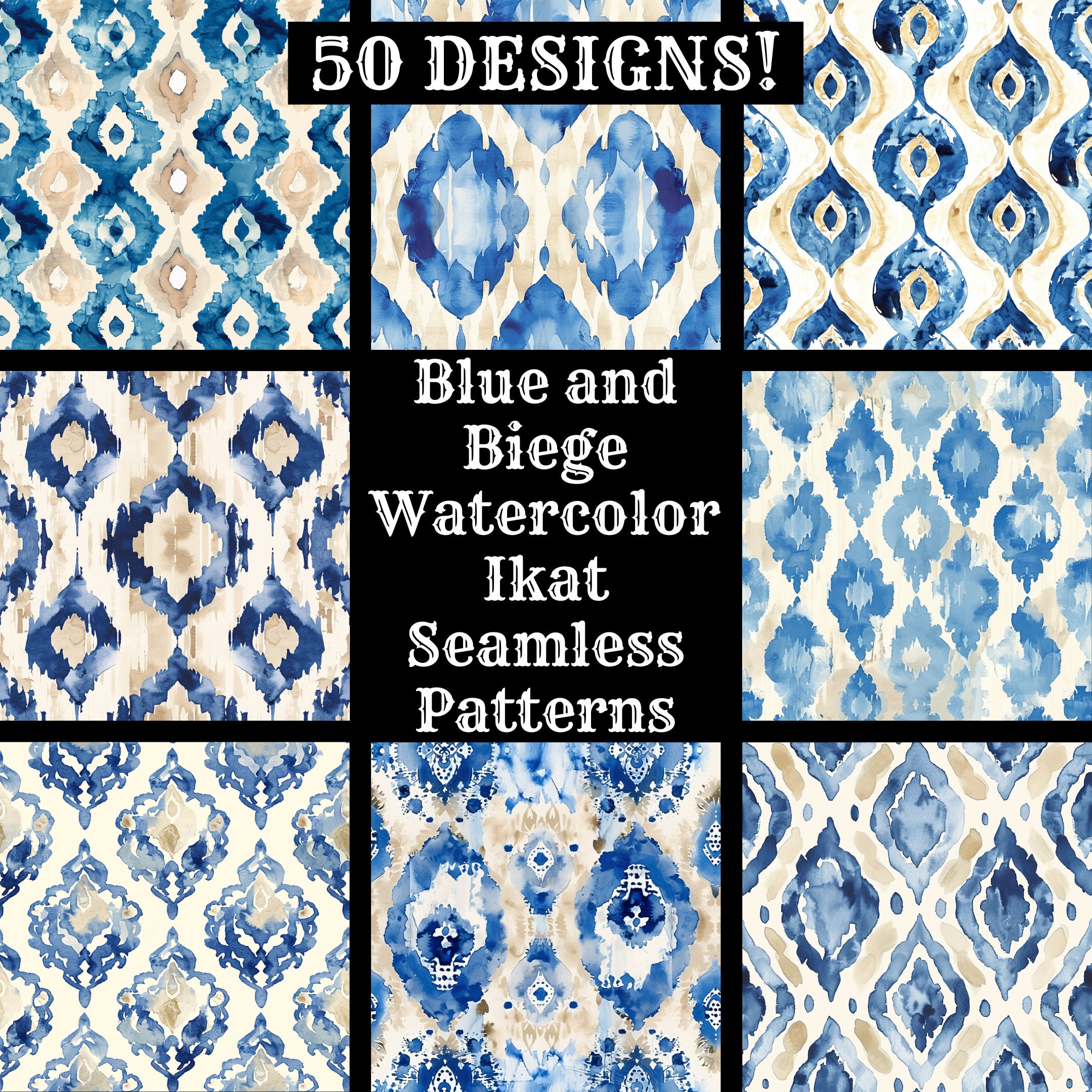 Blue and Biege Watercolor Ikat Seamless Digital Paper, Printable ...