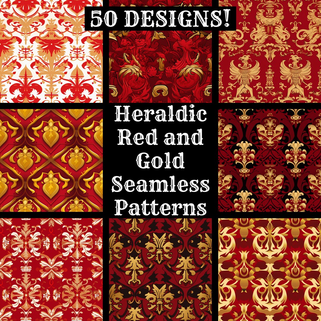 Heraldic Red and Gold Seamless Digital Paper, Printable Scrapbook Paper ...