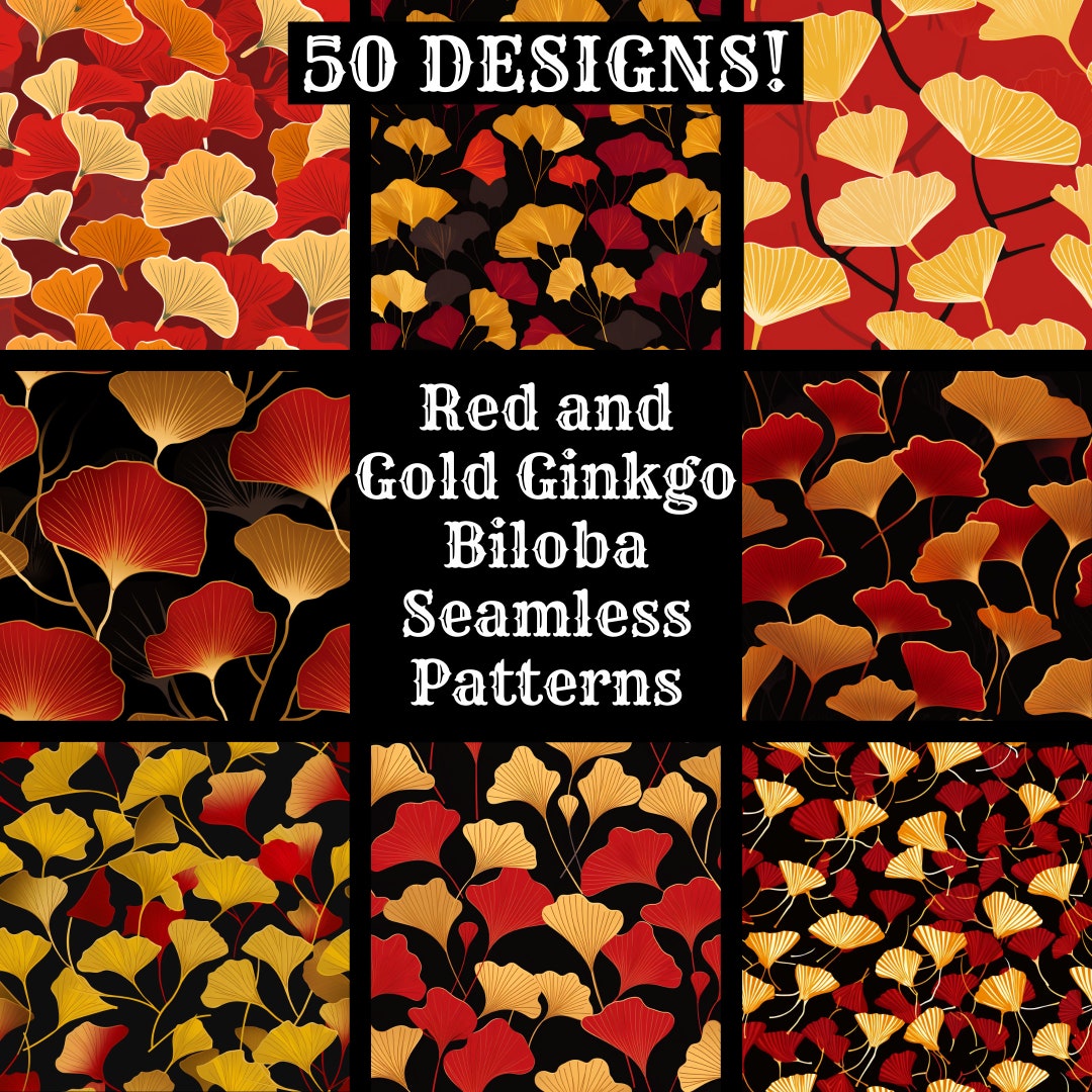 Red and Gold Ginkgo Biloba Seamless Digital Paper, Printable Scrapbook ...