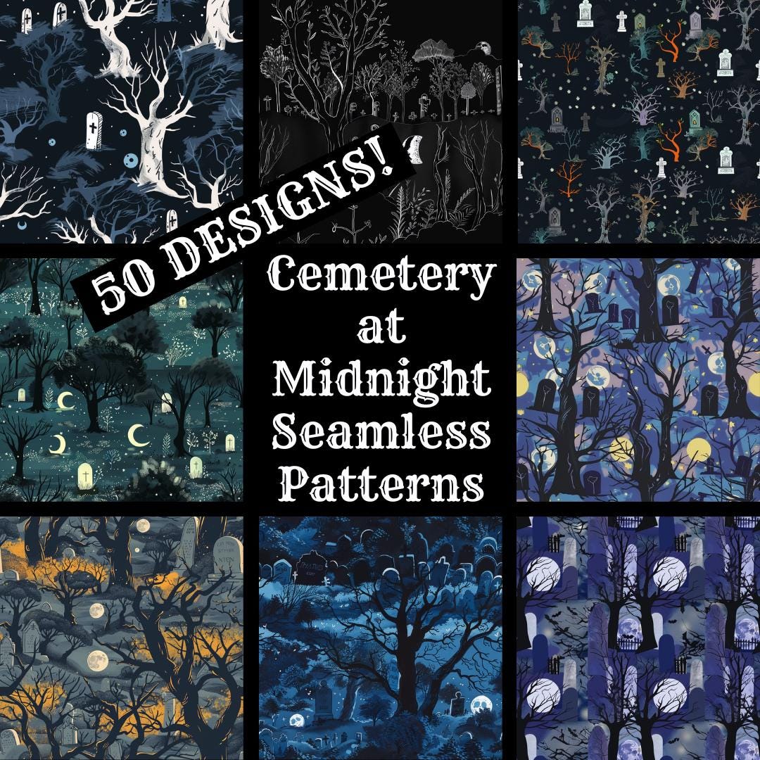 Cemetery at Midnight Seamless Pattern: Halloween Digital Paper (digital ...