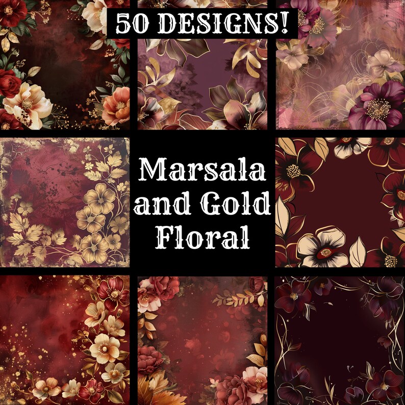 Marsala Gold Floral Digital Paper: High-resolution Scrapbook (digital ...