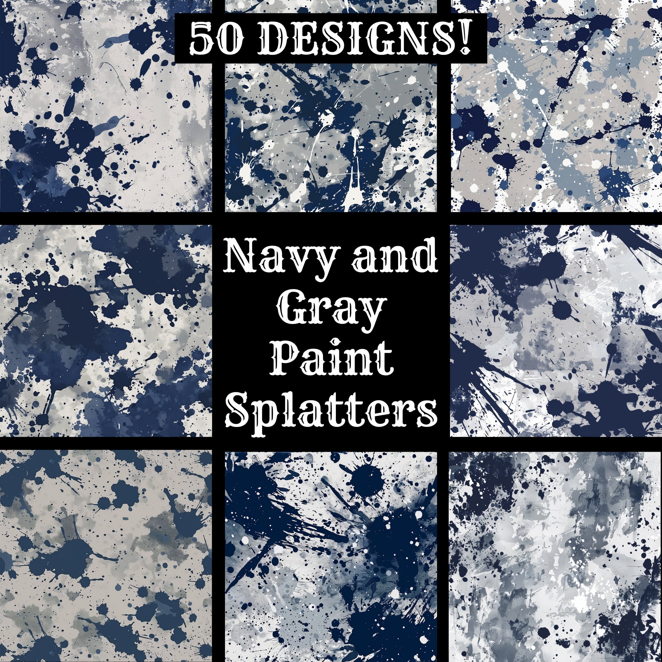 Navy & Gray Paint Splatter Digital Paper: 50 PNG Designs (digital ...