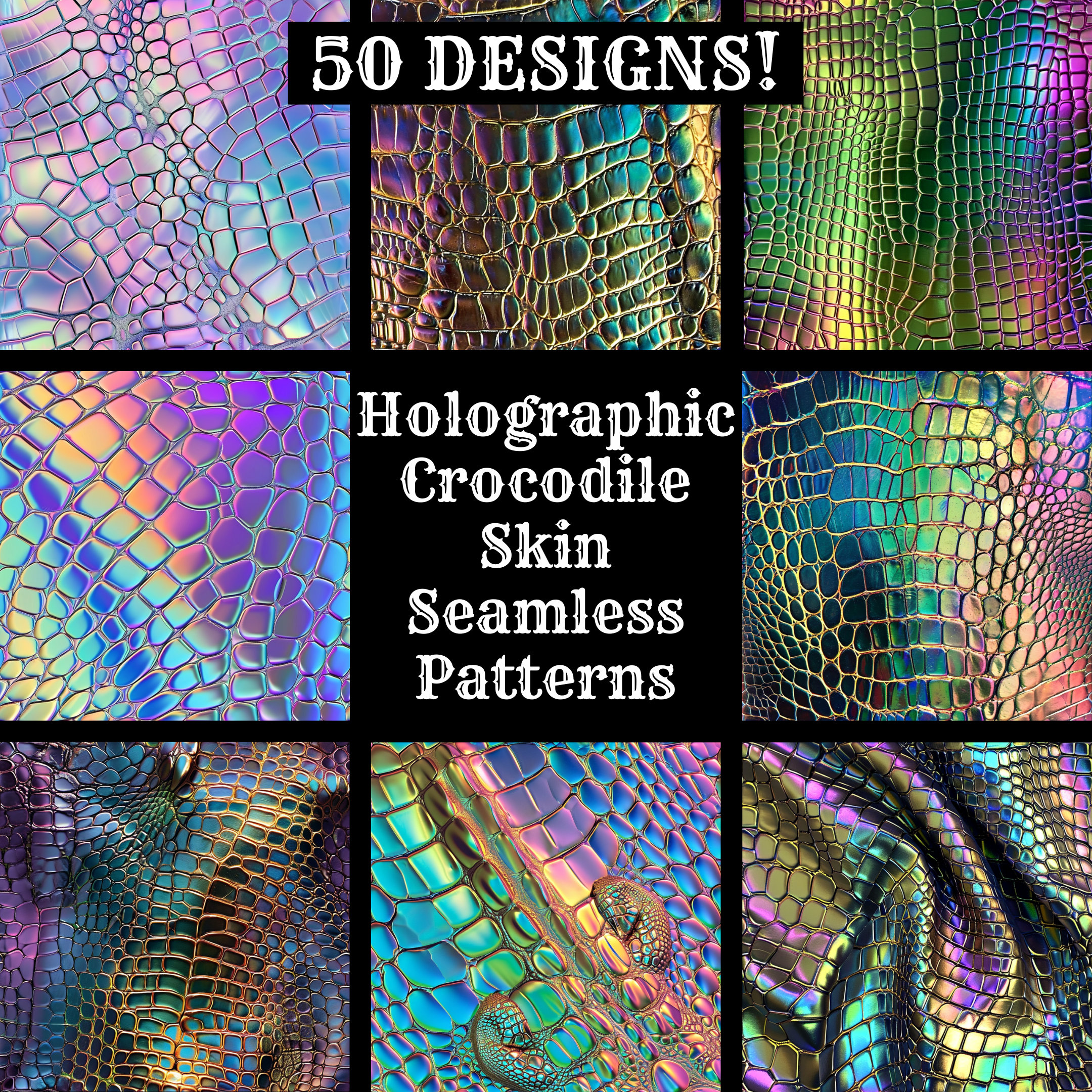 Holographic Crocodile Skin Seamless Pattern: 50 PNG Digital Papers ...