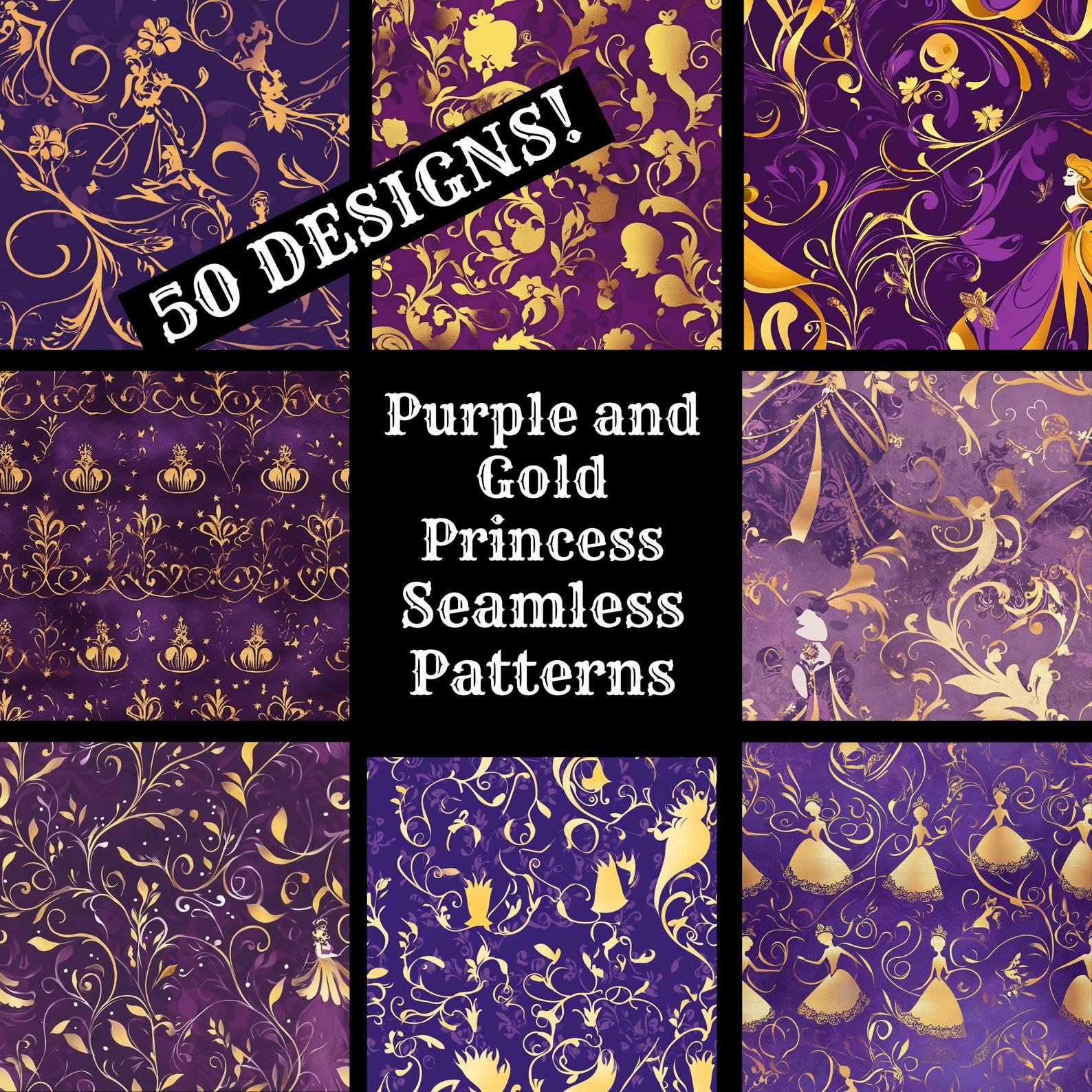 Purple and Gold Princess Seamless Patterns: Scrapbook Paper (digital ...