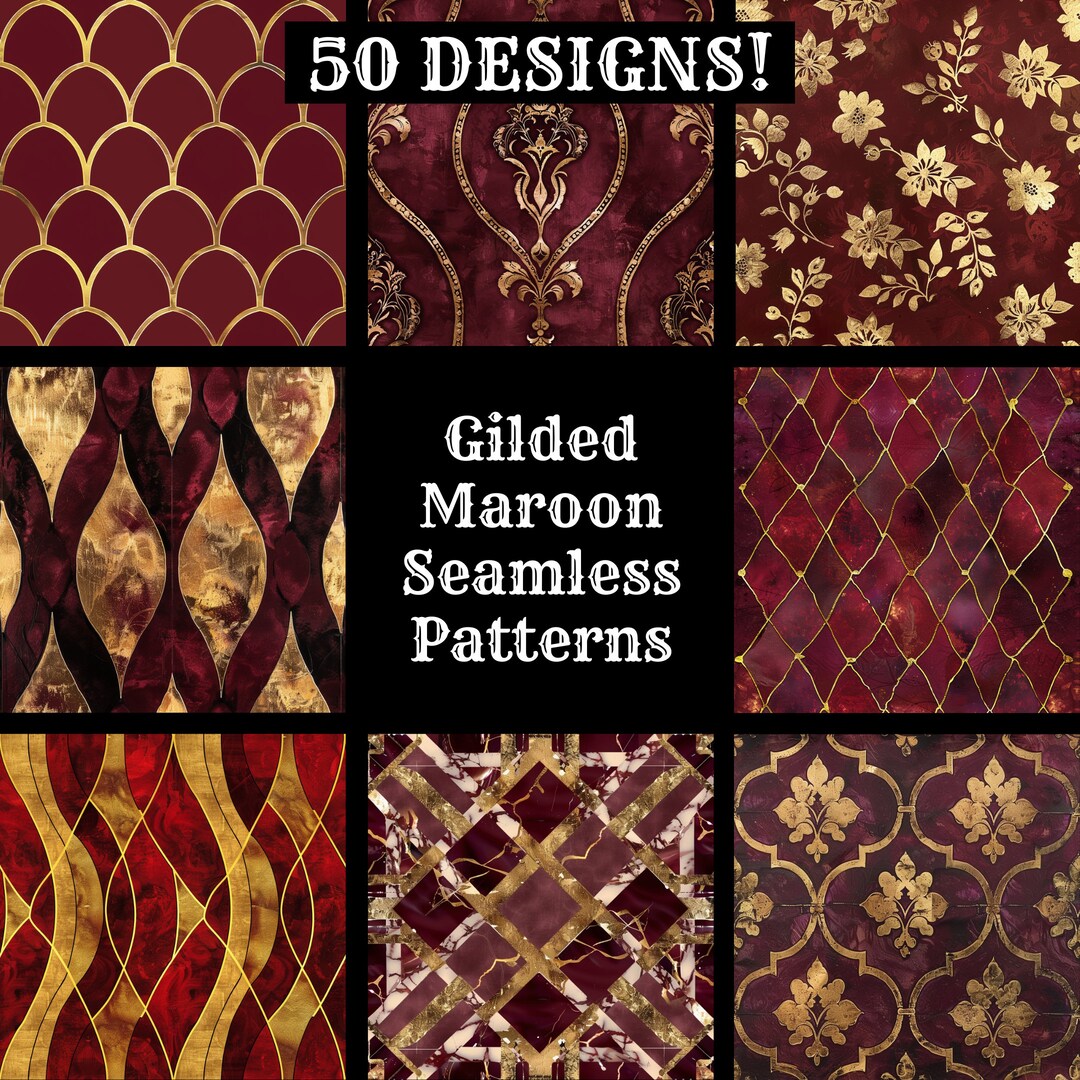 Gilded Maroon Seamless Patterns: Printable Scrapbook Paper (digital ...