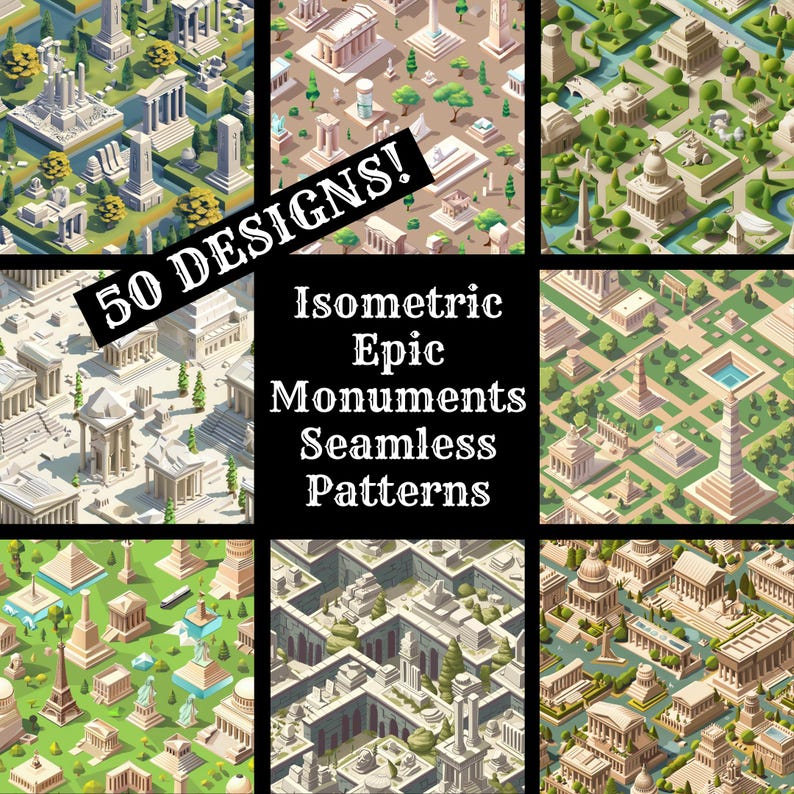 Isometric Monuments Seamless Pattern: 50 PNG Digital Papers (digital ...