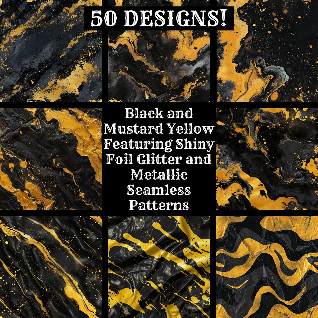Black & Mustard Yellow Foil Glitter Seamless Patterns (digital Download ...