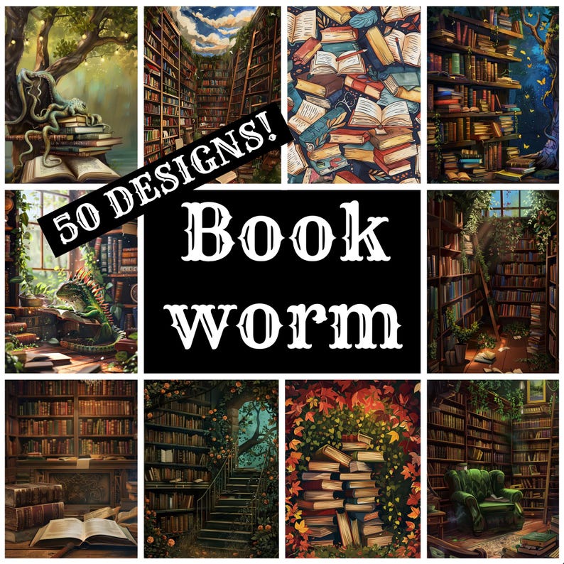 Bookworm Library Paper: Vintage Journal Inserts (PNG Digital Download ...