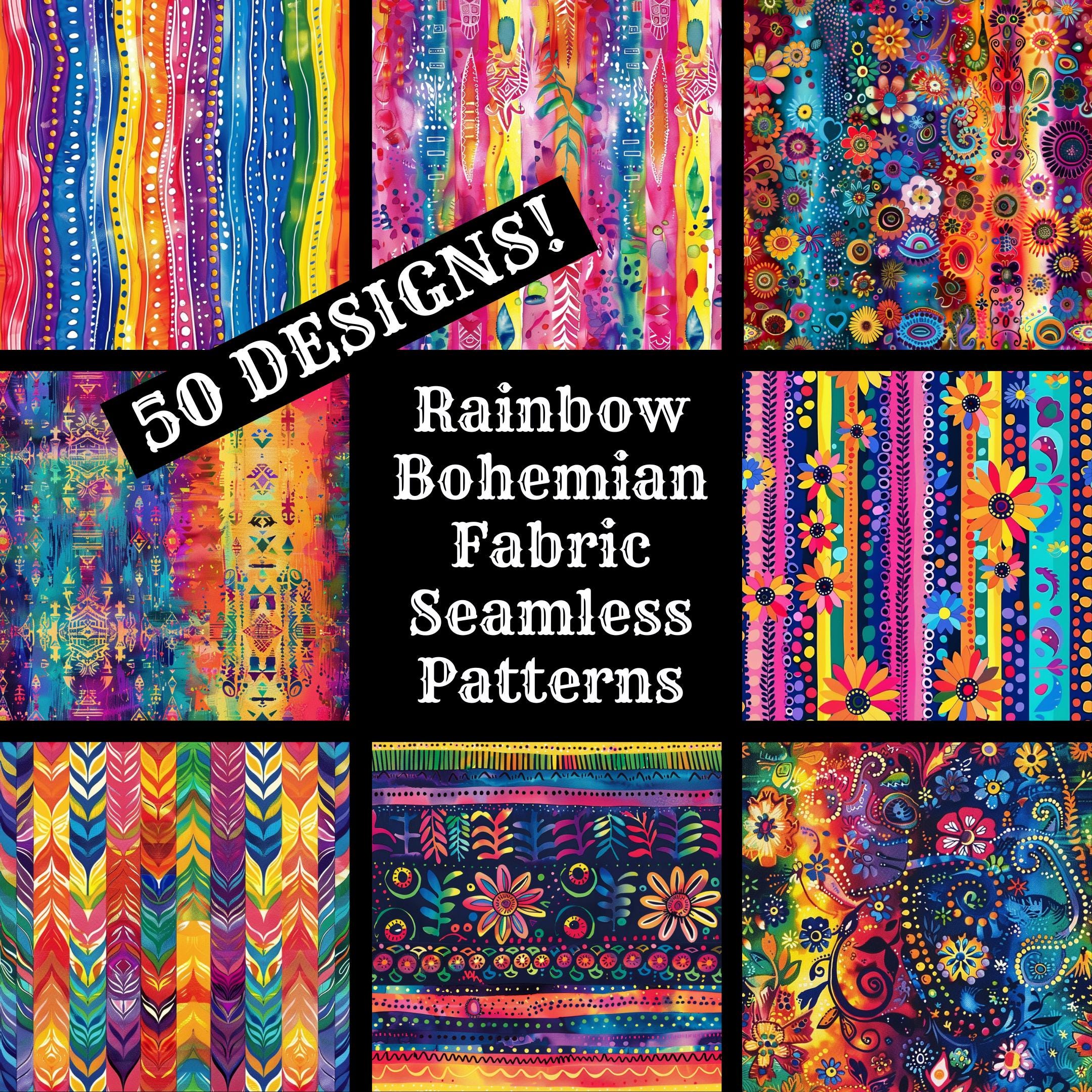Rainbow Bohemian Fabric Seamless Patterns: 50 PNG Digital Papers ...