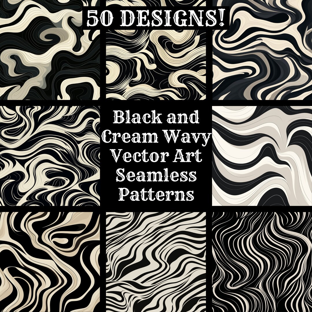 Black and Cream Wavy Vector Art Seamless Digital Paper, Printable ...
