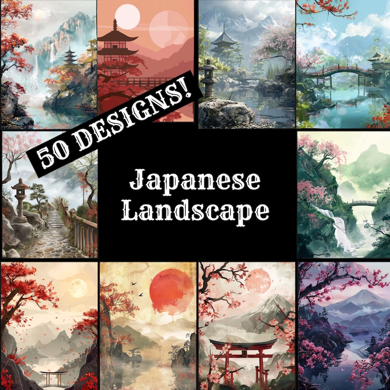 Japanese Landscape Digital Paper: 50 PNG Scrapbook Journal Inserts ...