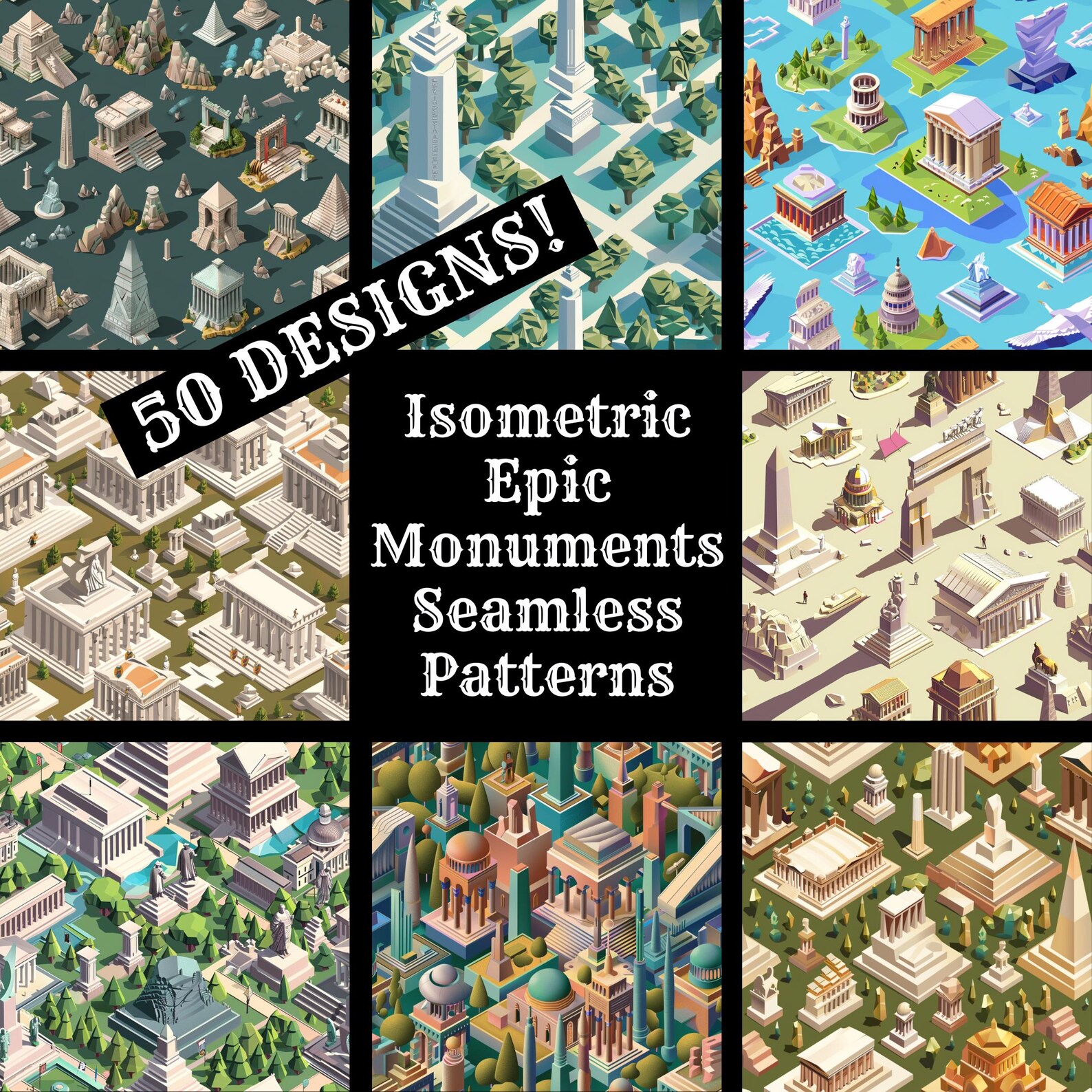 Isometric Monuments Seamless Pattern: 50 PNG Digital Papers (digital ...