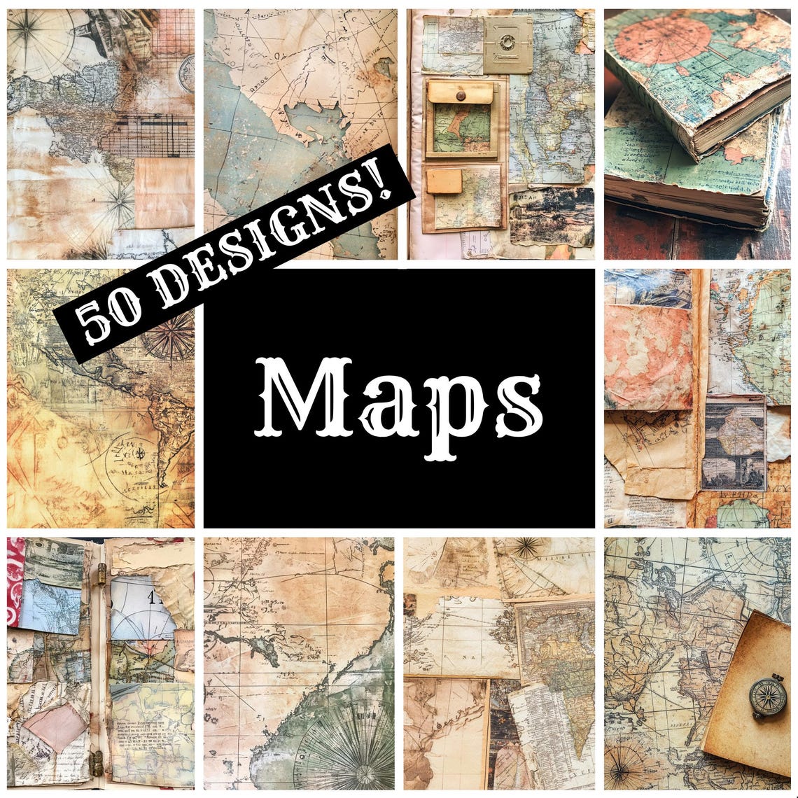 Vintage Maps Digital Paper: Scrapbook Journal Inserts (PNG, 8.5x11 In ...