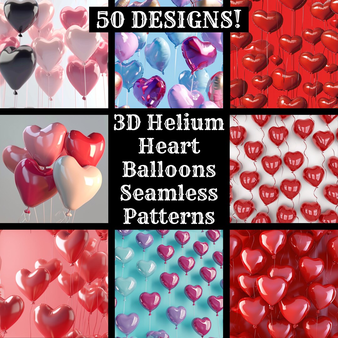 3D Helium Heart Balloons Seamless Digital Paper, Printable Scrapbook ...