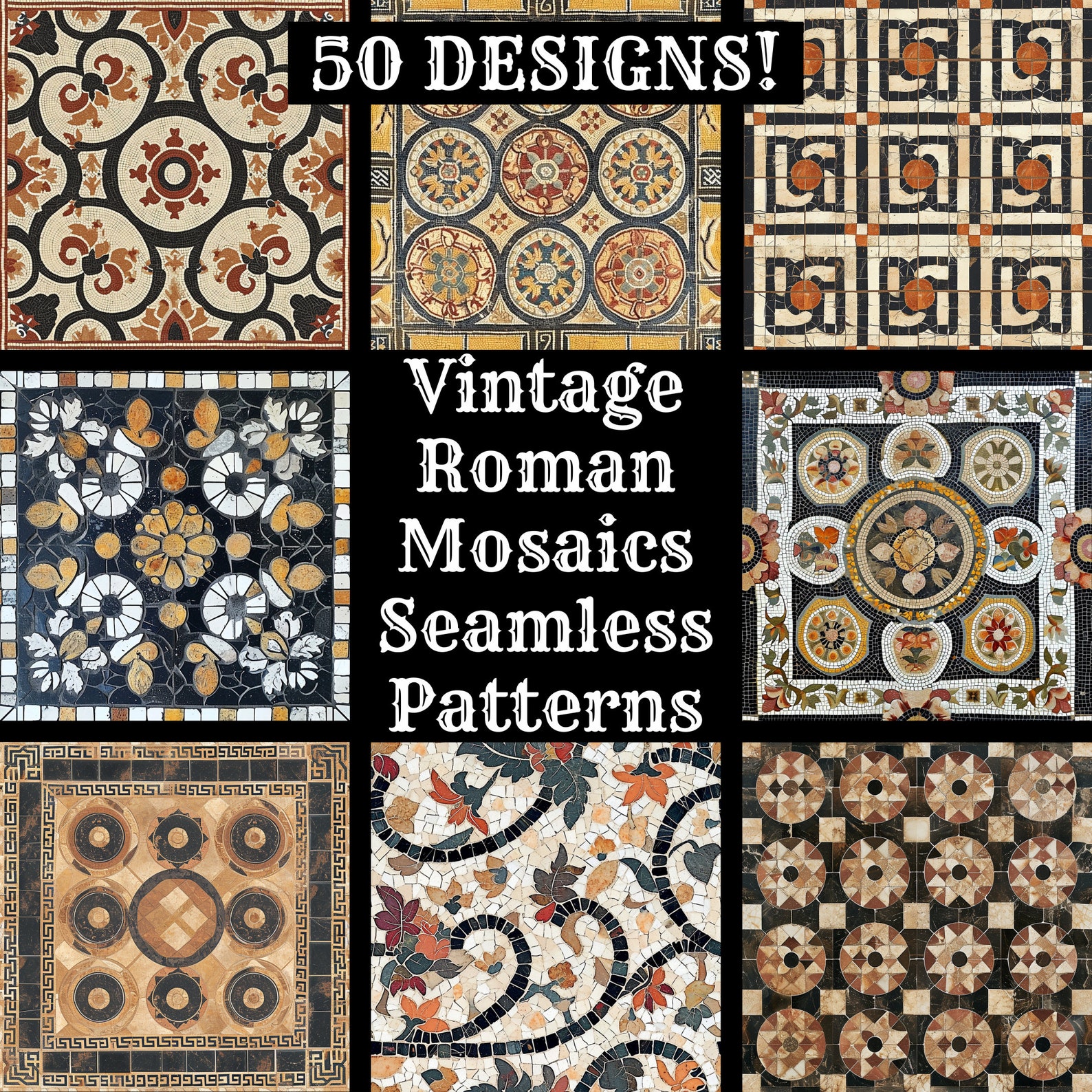 Vintage Roman Mosaic Seamless Patterns: 50 PNG Digital Papers (digital ...