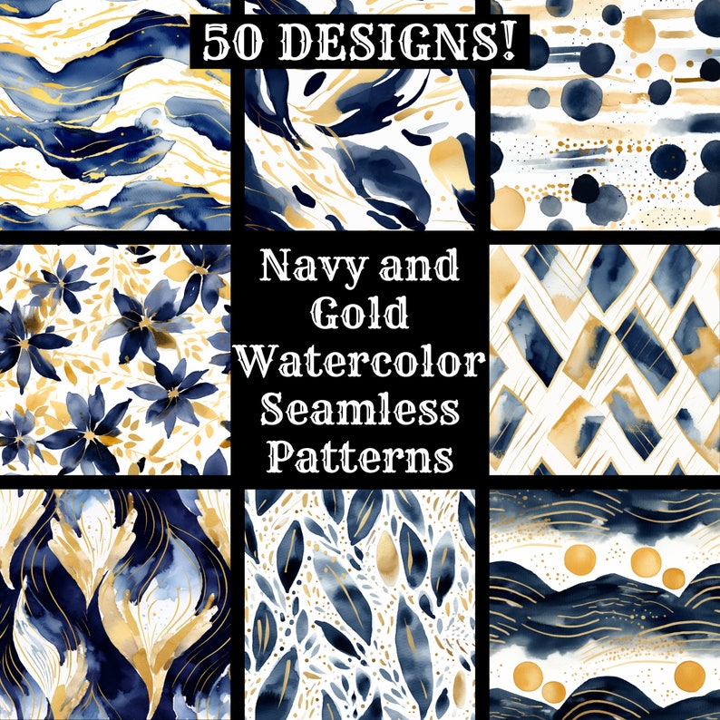 Navy and Gold Watercolor Seamless Digital Paper, Printable Scrapbook ...