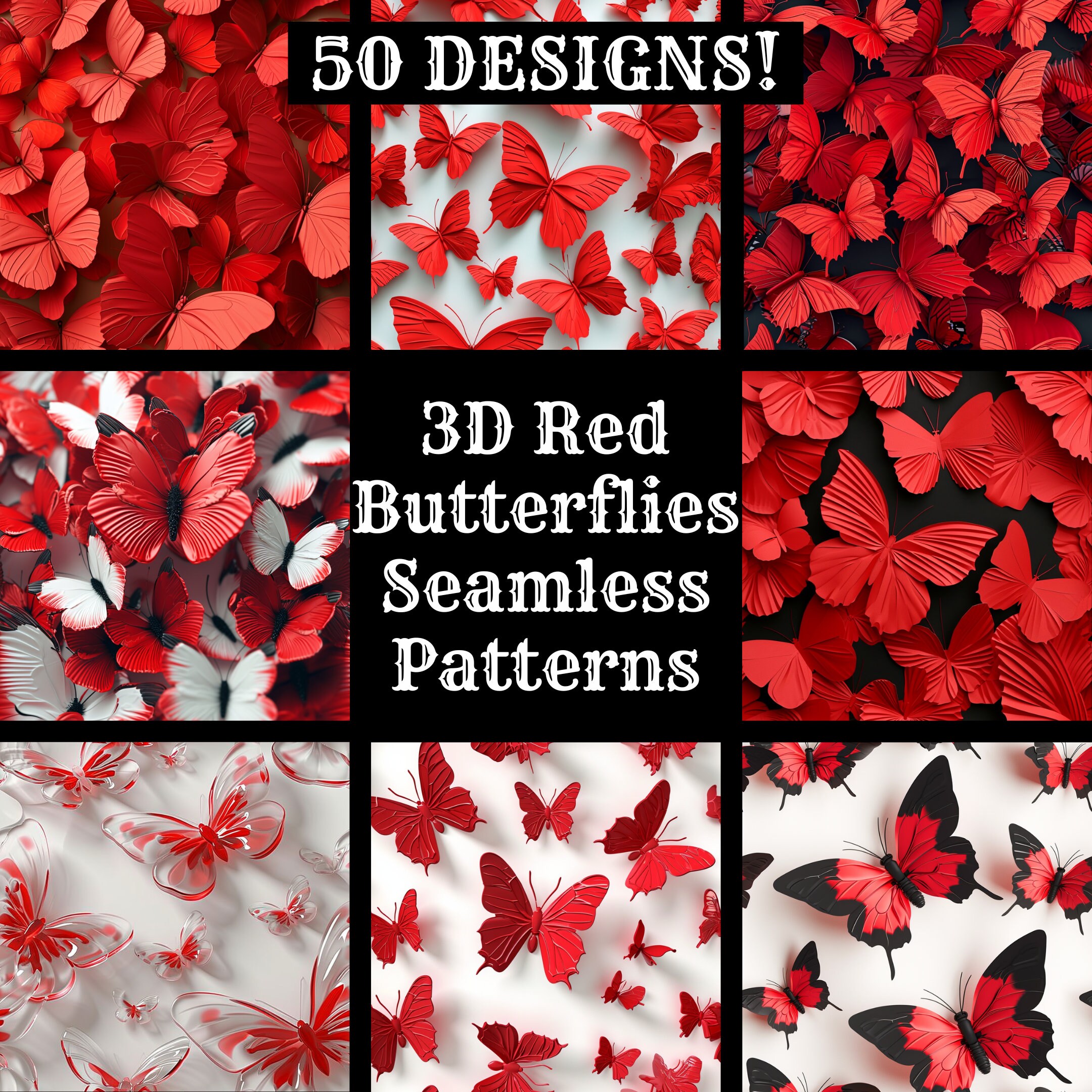 3D Red Butterfliesseamless Digital Paper, Printable Scrapbook Paper ...
