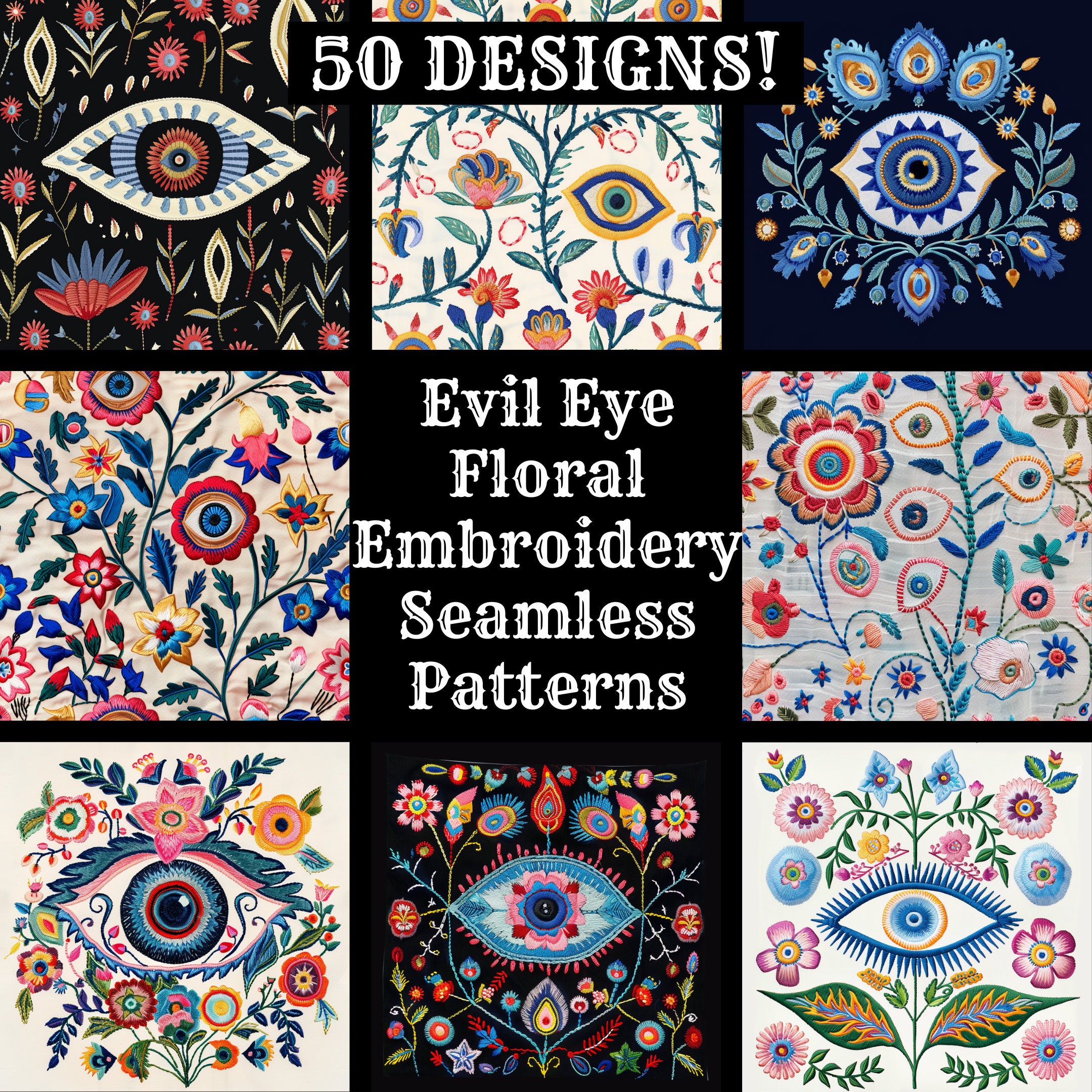 Evil Eye Floral Embroidery Seamless Digital Paper, Evil Eye Embroidery ...