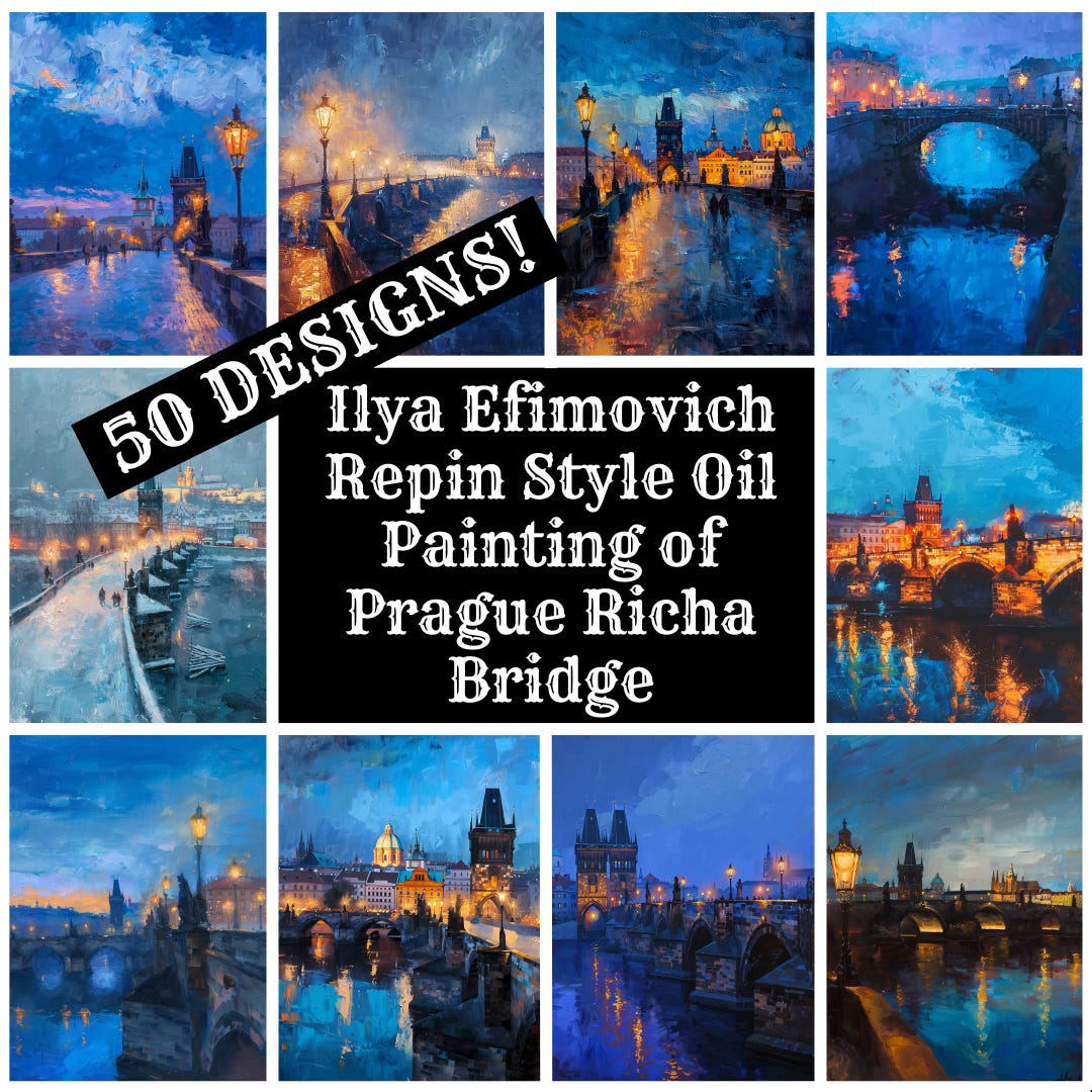 Ilya Efimovich Repin Style Oil Painting of Prague Richa Bridge Journal ...