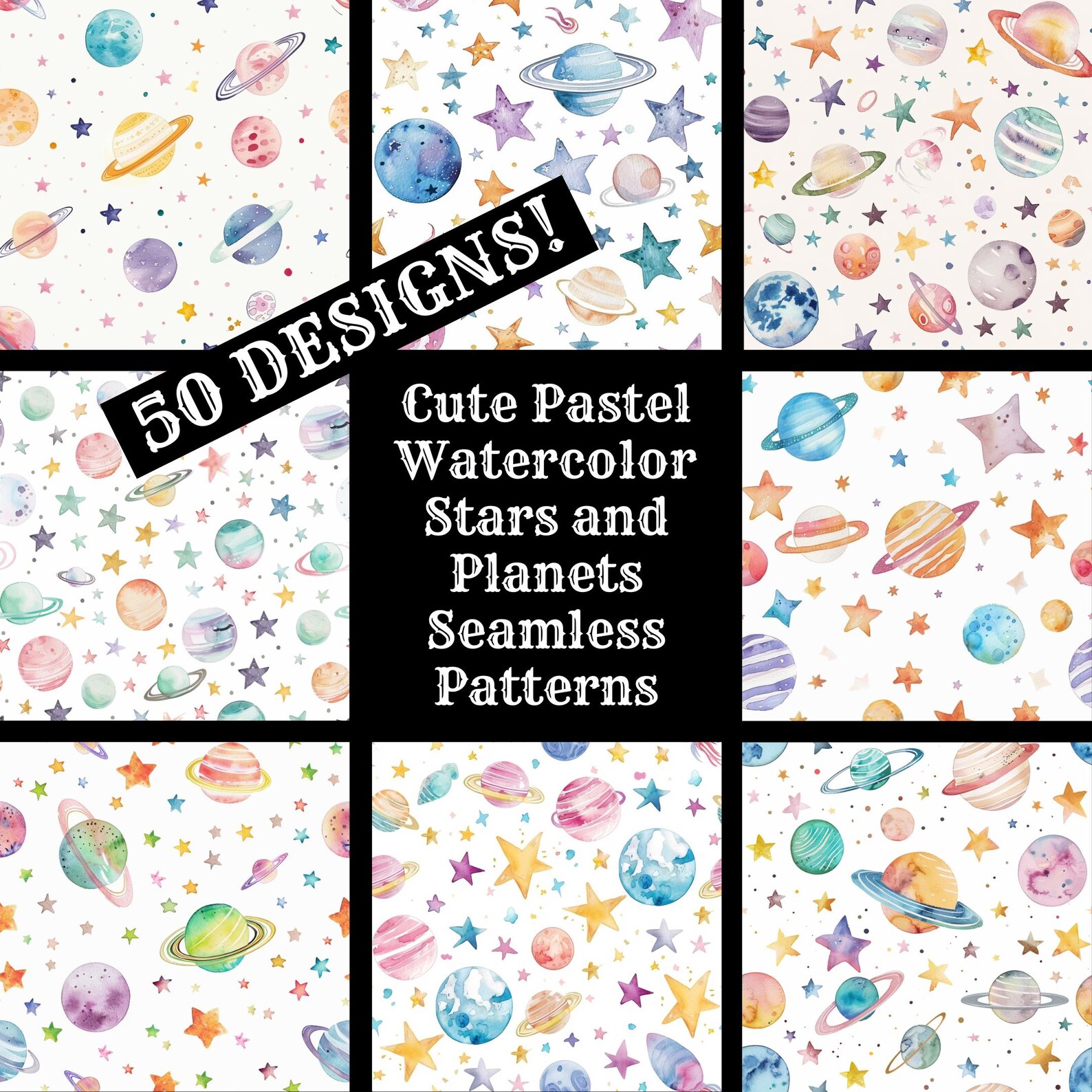 Pastel Watercolor Stars & Planets Seamless Pattern (digital Download ...