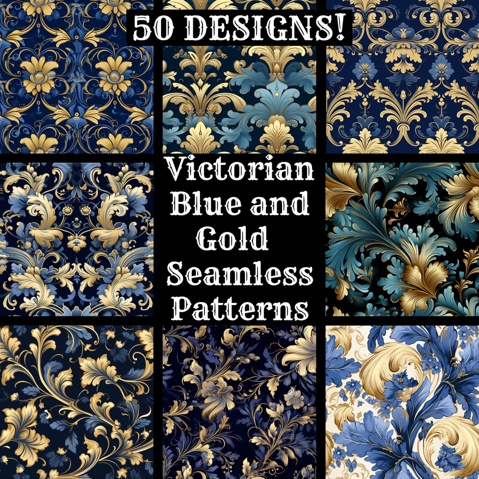 Victorian Blue & Gold Seamless Patterns: Digital Scrapbook Paper (PNG ...