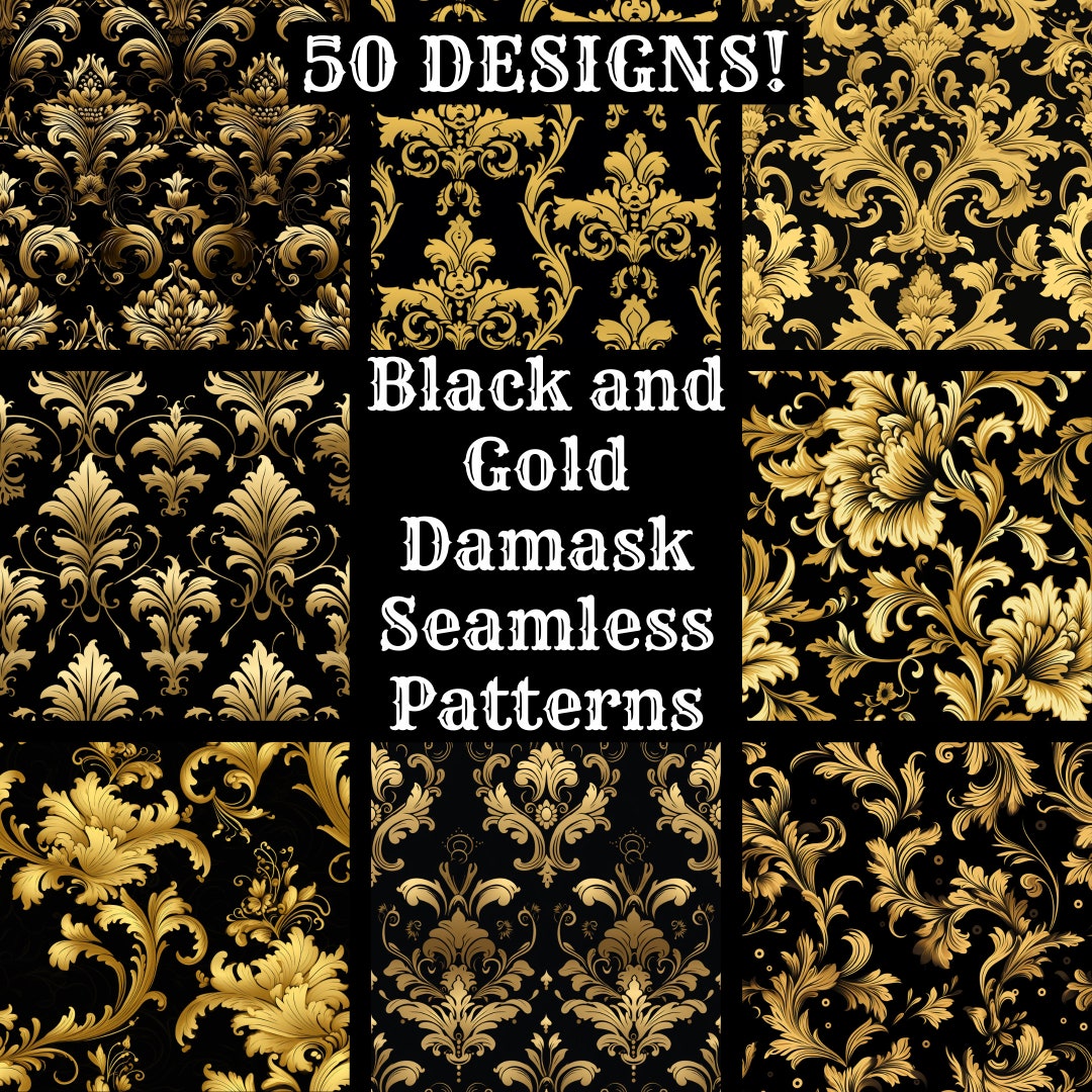 Black and Gold Damask Seamless Digital Paper, Printable Scrapbook Paper ...