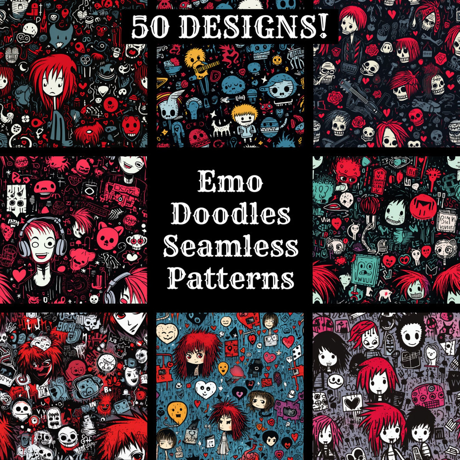 Emo Doodles Seamless Digital Paper, Printable Scrapbook Paper Seamless ...