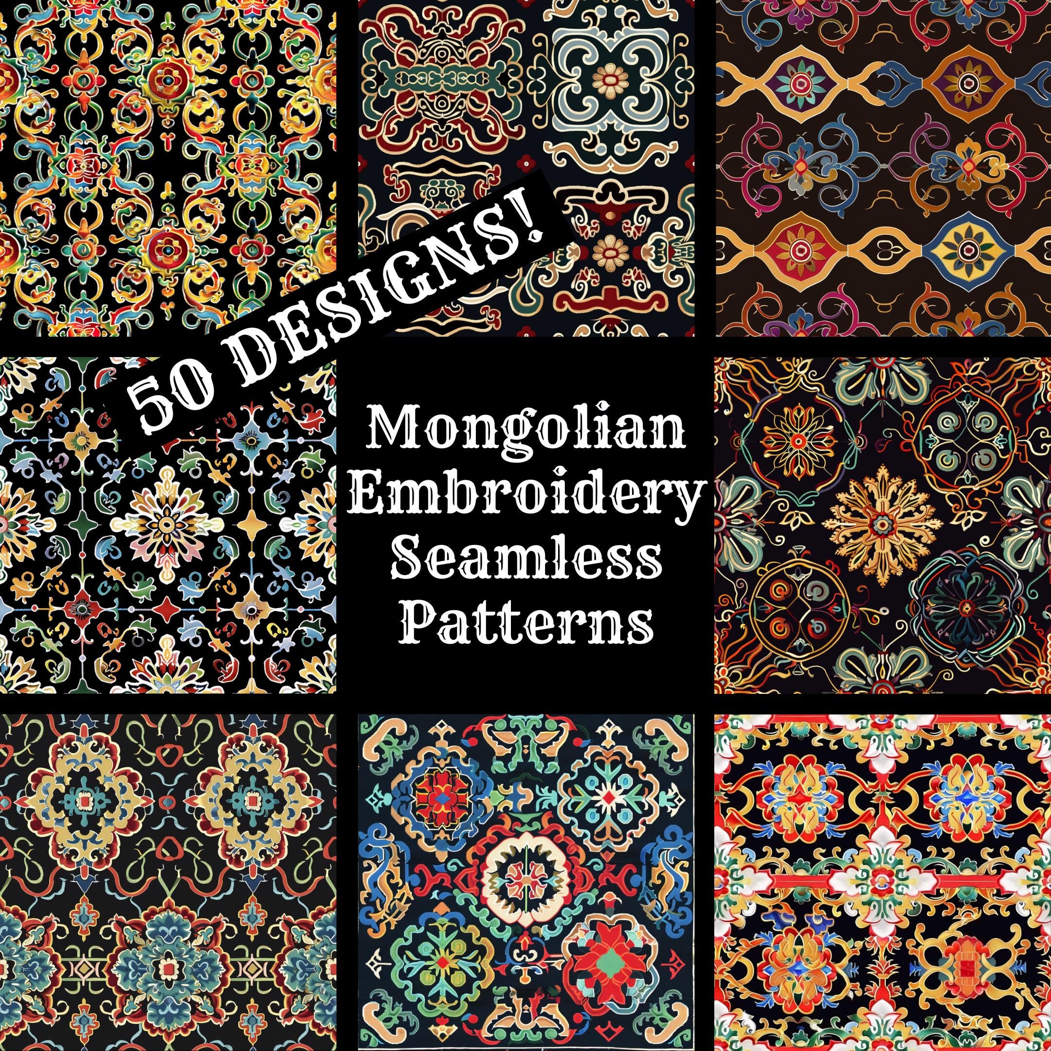 Mongolian Embroidery Seamless Patterns: 50 Digital Papers (PNG, 300 Dpi ...
