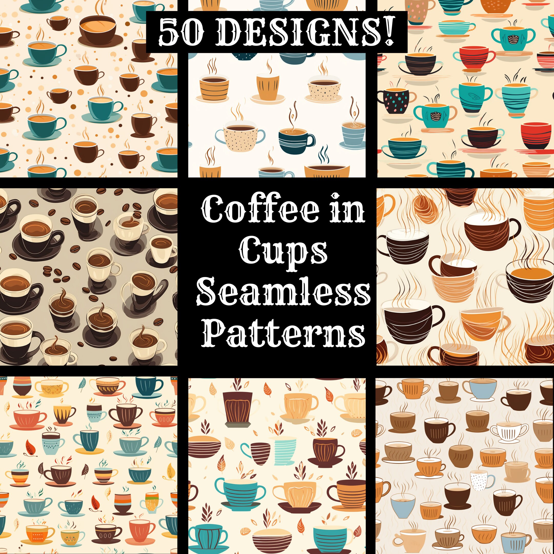 Coffee in Cups Seamless Digital Paper, Printable Scrapbook Paper ...