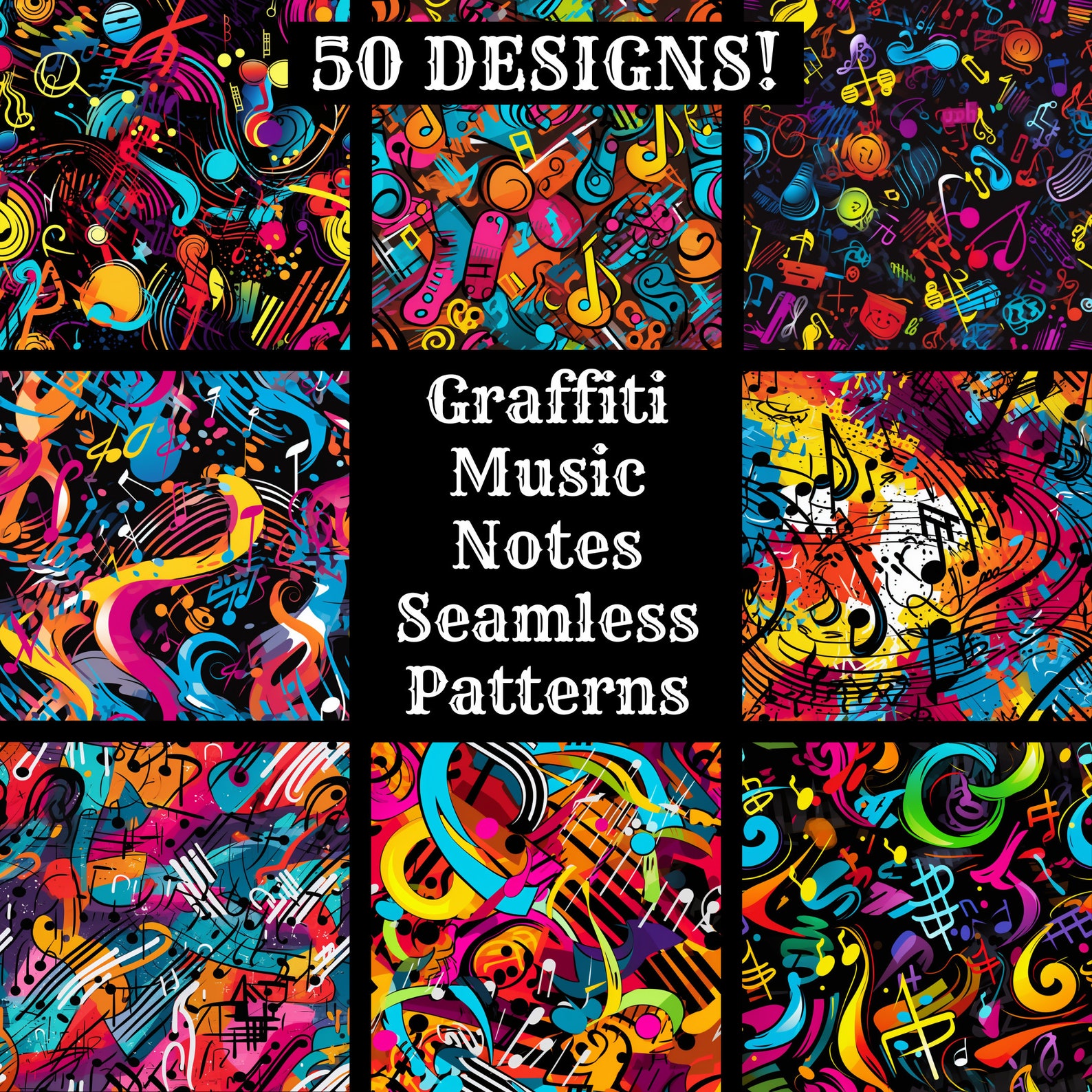 Graffiti Music Notes Seamless Digital Paper, Printable Scrapbook Paper ...