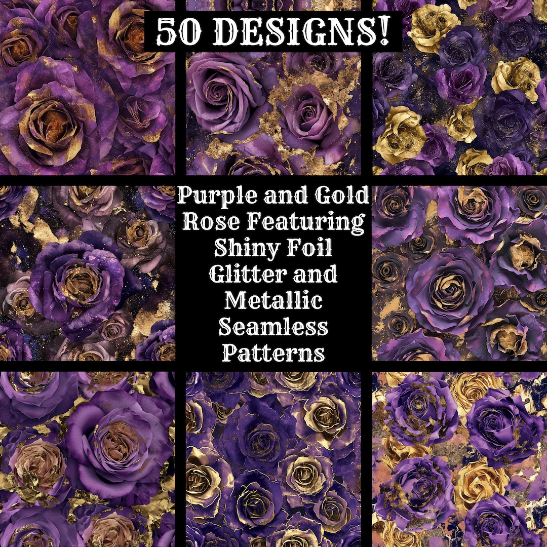 Purple and Gold Rose With Shiny Foil Glitter Seamless Digital Paper ...