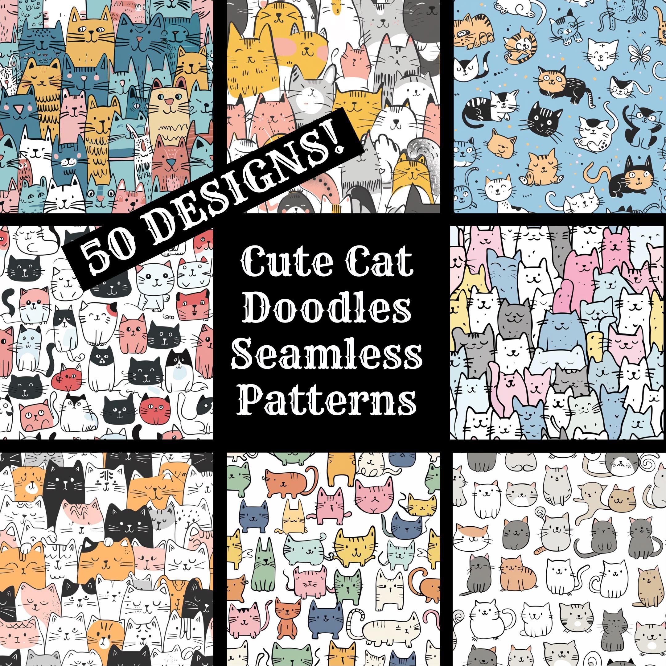Cute Cat Doodles Seamless Digital Paper, Printable Scrapbook Paper ...