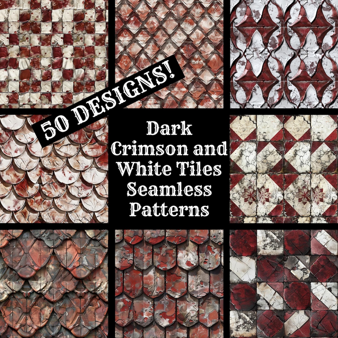 Crimson & White Tile Seamless Patterns: 50 PNG Digital Papers (digital ...