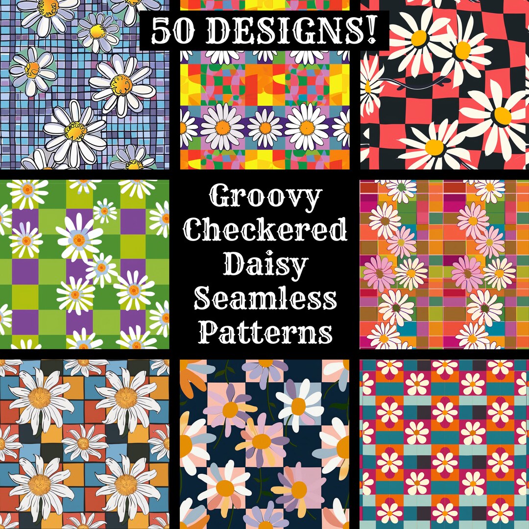 Groovy Checkered Daisy Seamless Pattern: 50 PNG Digital Papers (digital ...