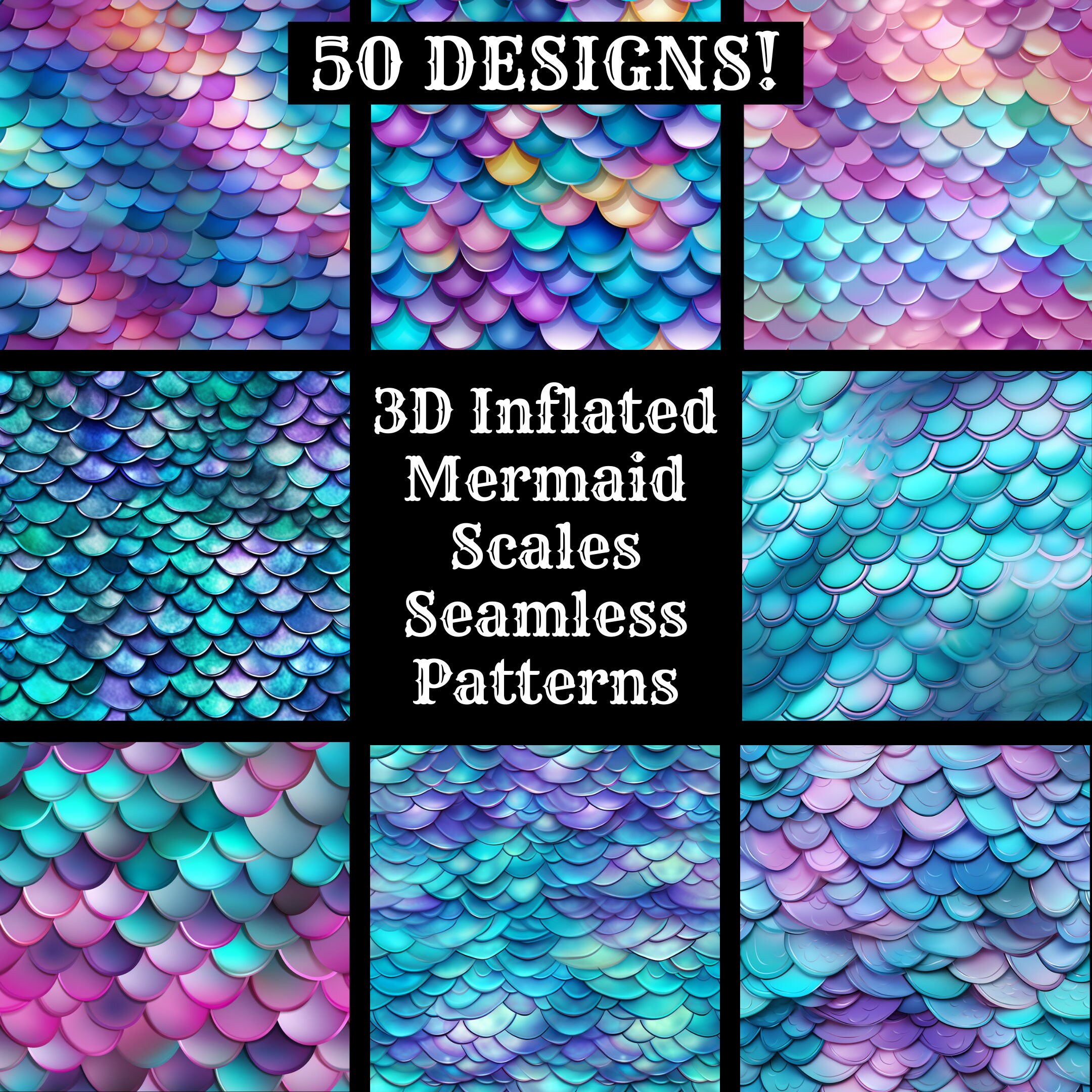 3D Inflated Mermaid Scales Seamless Digital Paper, Printable Scrapbook ...