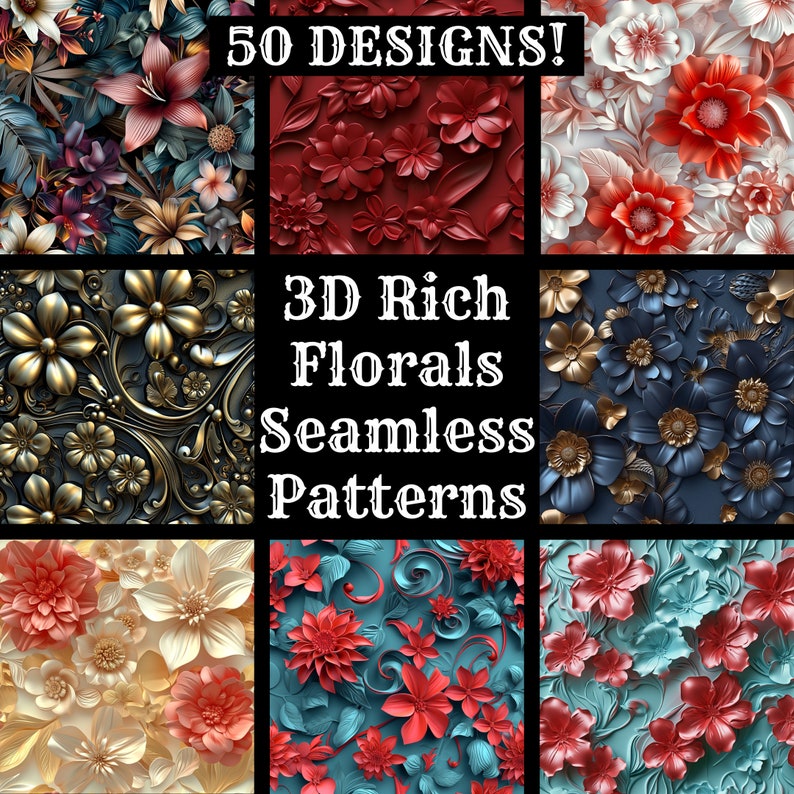 3D Floral Seamless Patterns: Rich PNG Digital Paper (digital Download ...