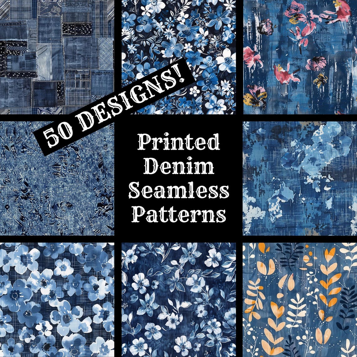 Printed Denim Seamless Patterns: 50 PNG Digital Papers (digital ...