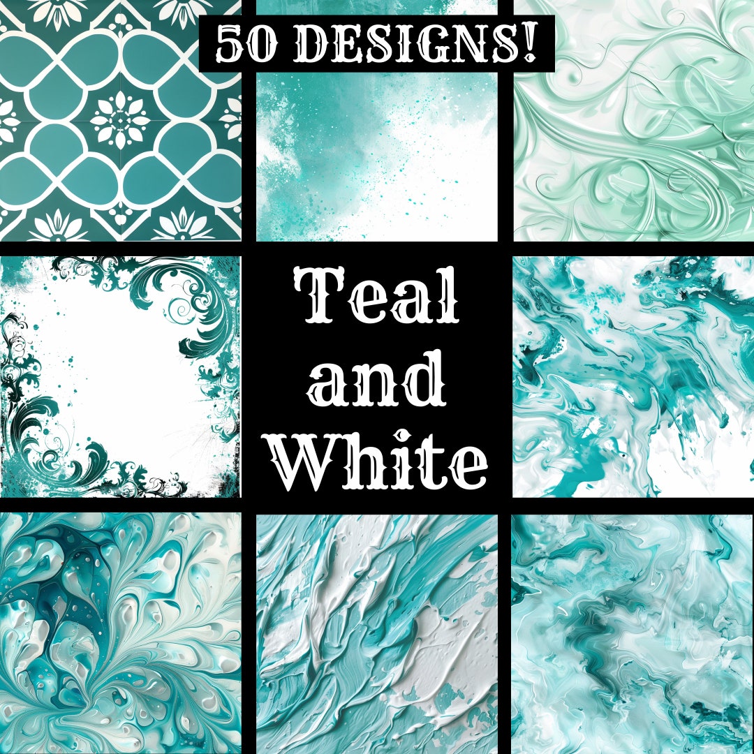 Teal and White Digital Paper: Vintage Scrapbook Designs (PNG, 12x12 ...