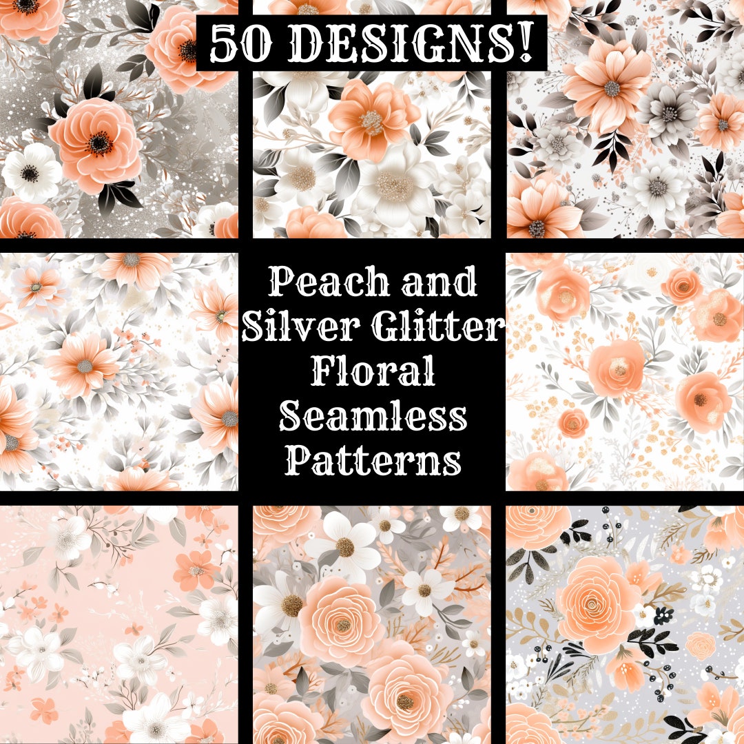 Peach and Silver Glitter Floral Seamless Digital Paper, Printable ...