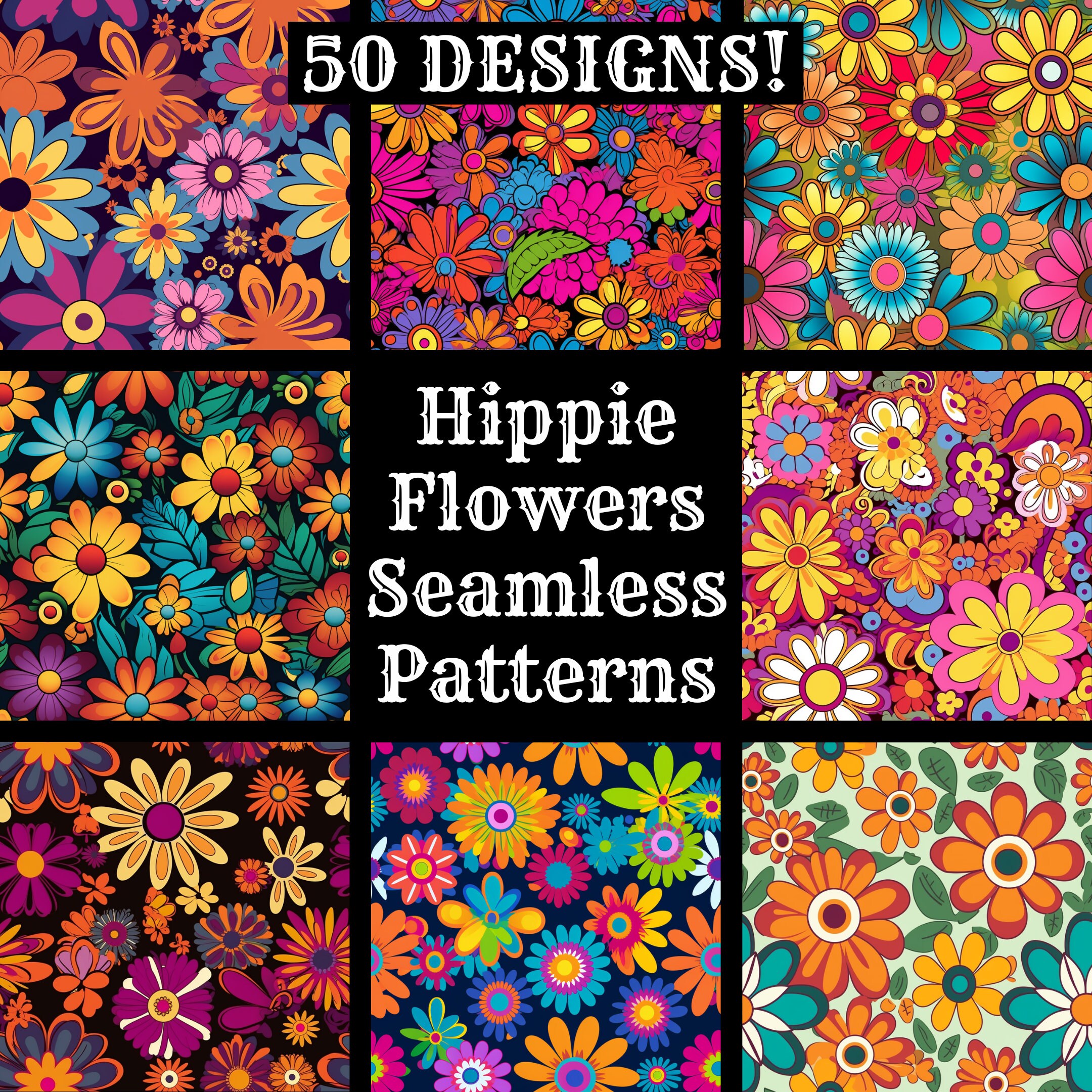 Hippie Flower Seamless Pattern: 50 PNG Digital Papers (digital Download ...