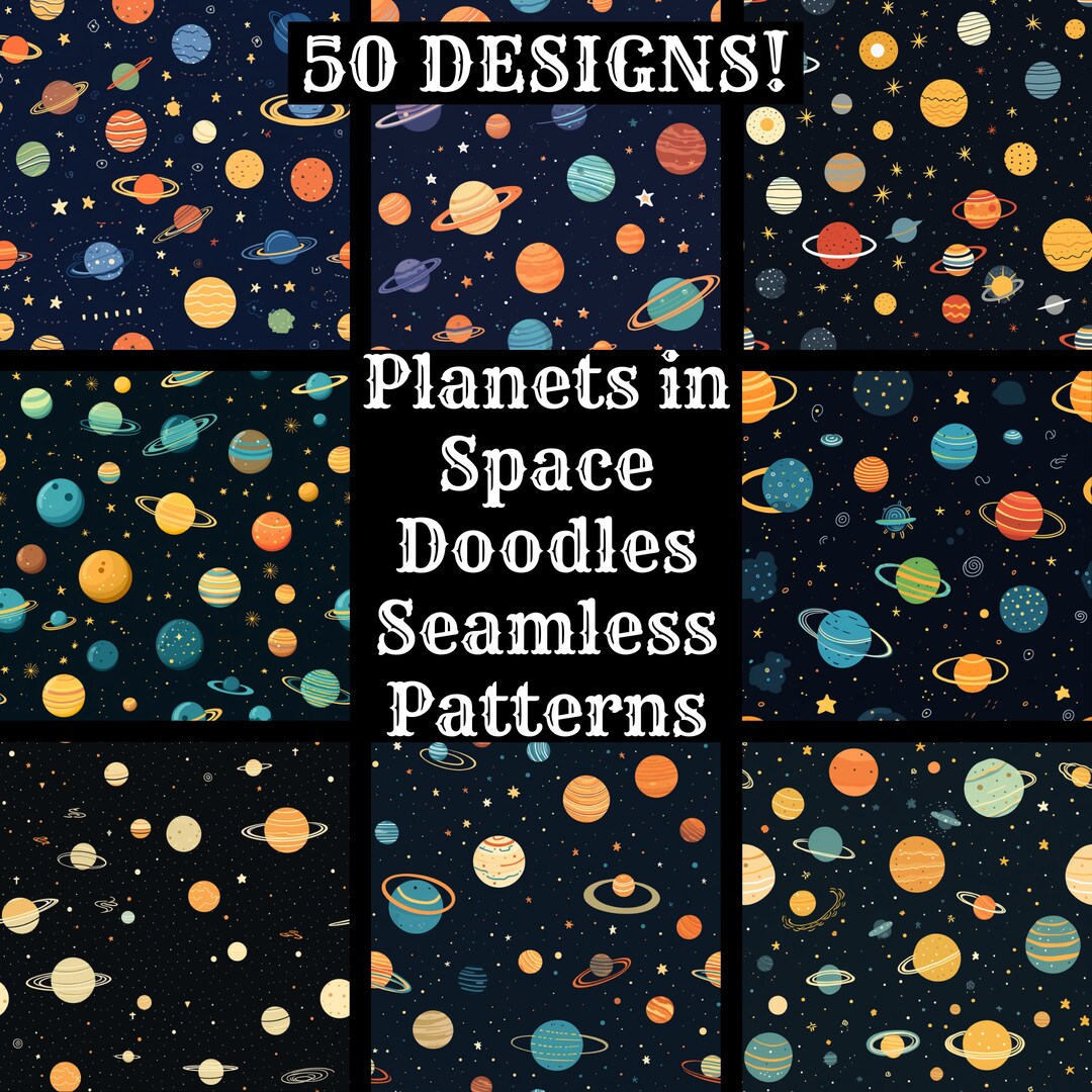 Planets in Space Doodles Seamless Pattern: Digital Scrapbook Paper (PNG ...