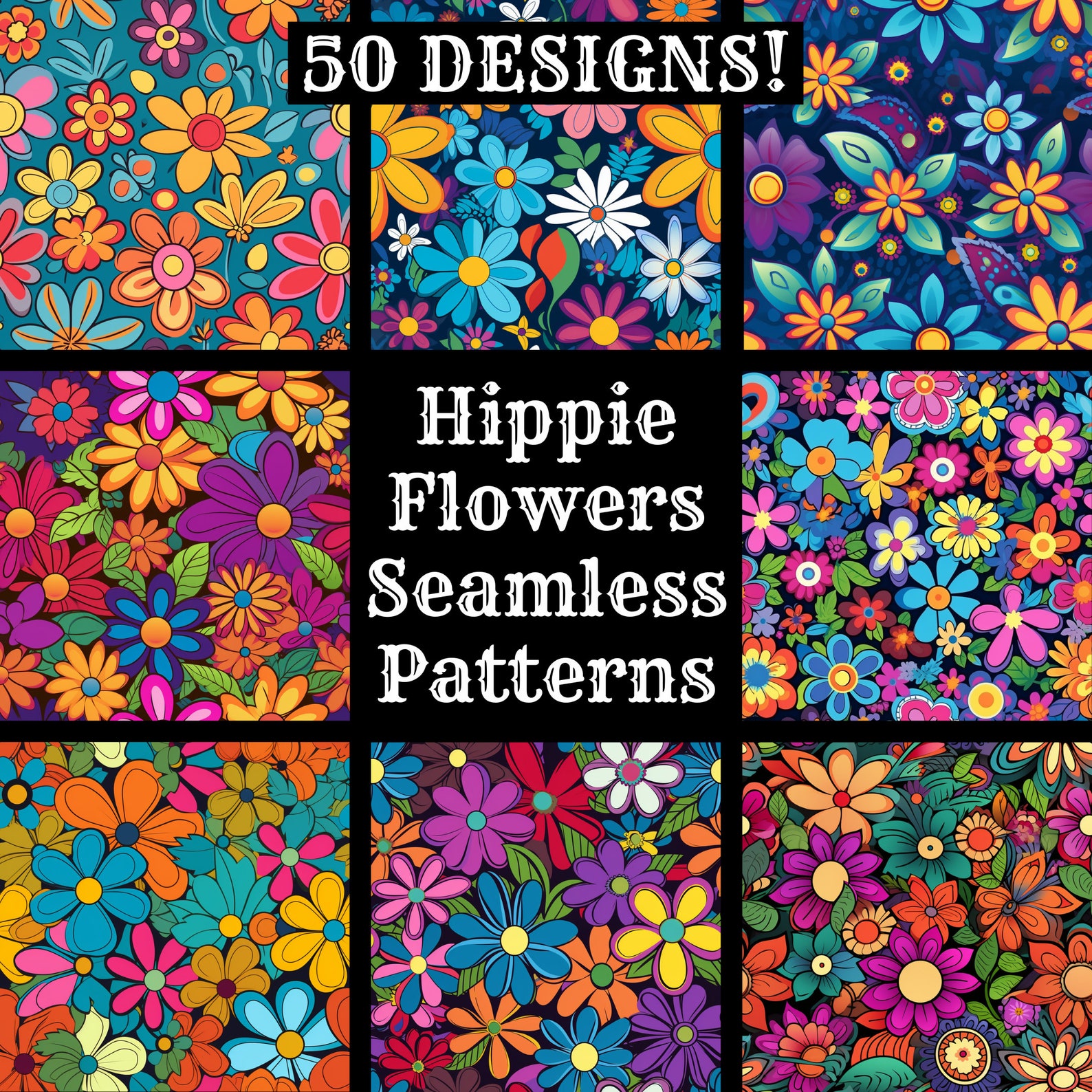 Hippie Flowers Seamless Digital Paper, Printable Scrapbook Paper ...