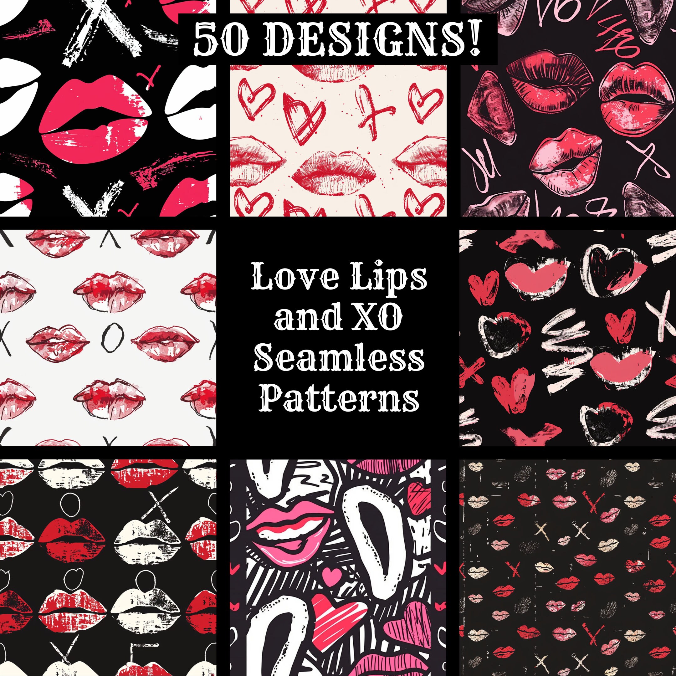Love Lips XO Seamless Pattern: 50 PNG Digital Papers (digital Download ...