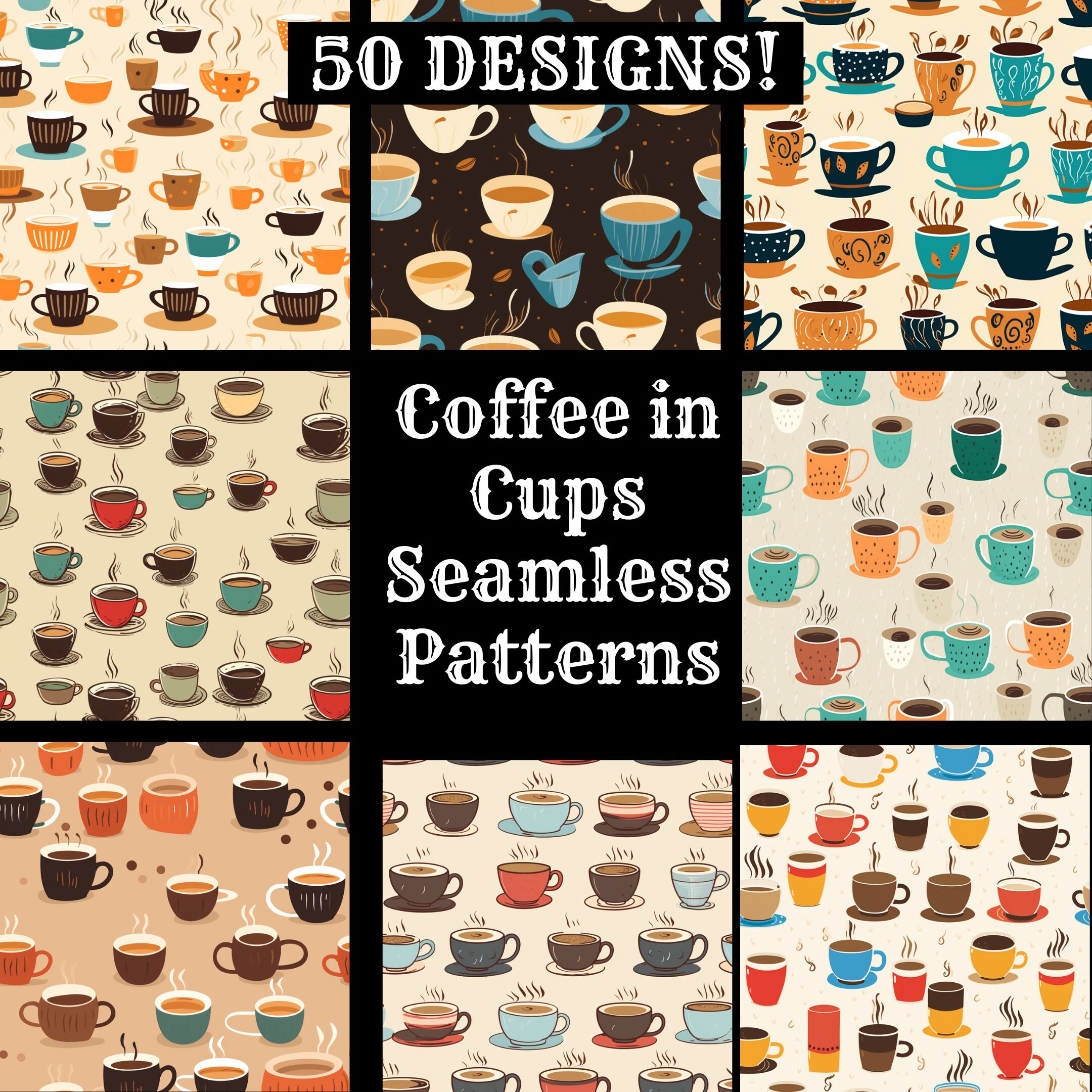 Coffee in Cups Seamless Digital Paper, Printable Scrapbook Paper ...