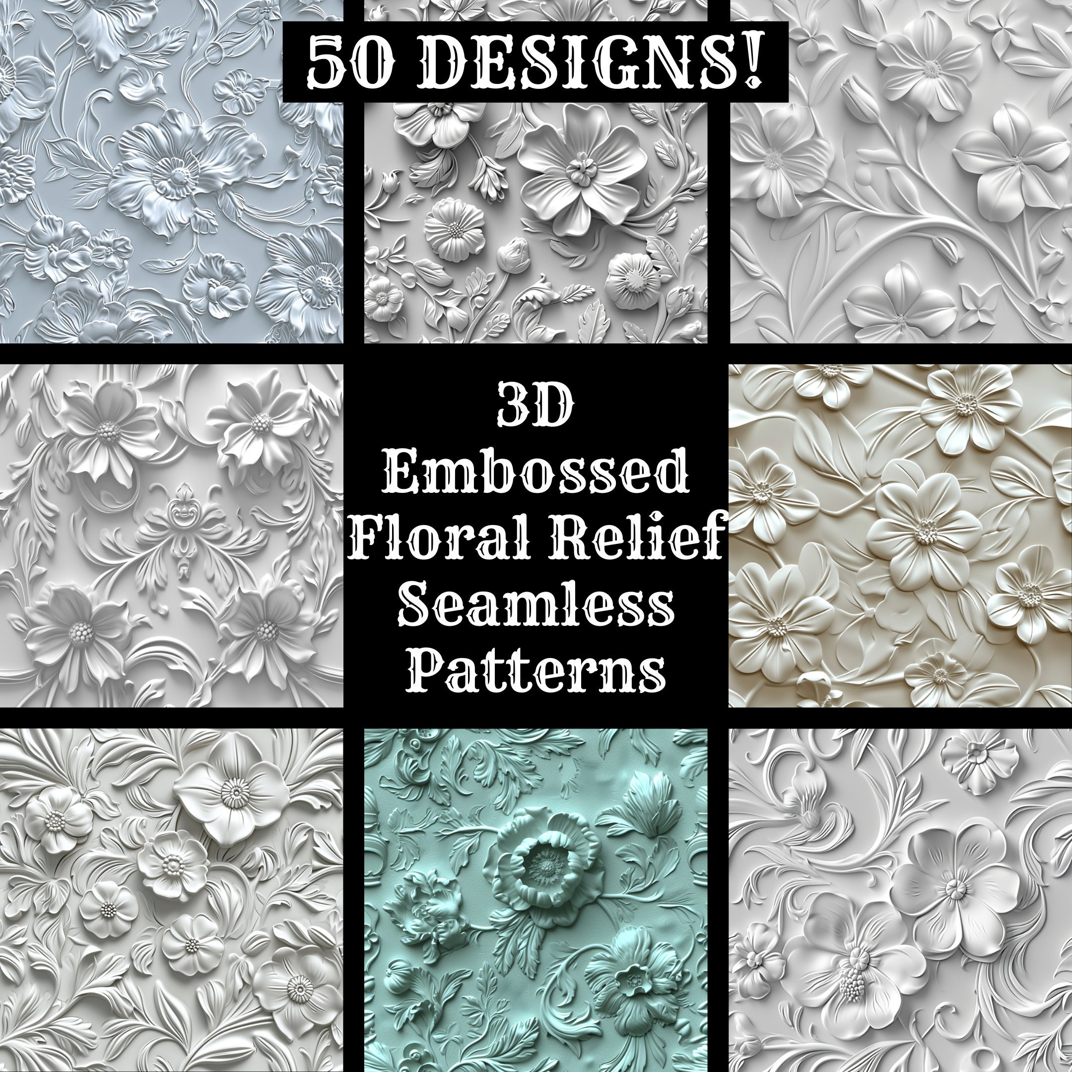 3D Embossed Floral Relief Seamless Patterns: Digital Paper (PNG) - Etsy