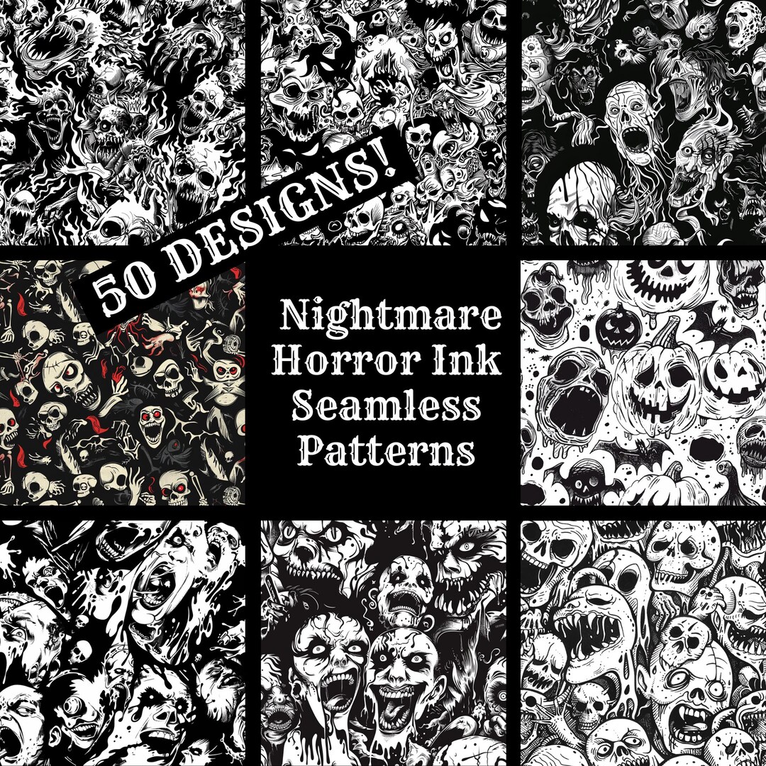 Nightmare Horror Ink Seamless Pattern: 50 PNG Digital Papers (digital ...