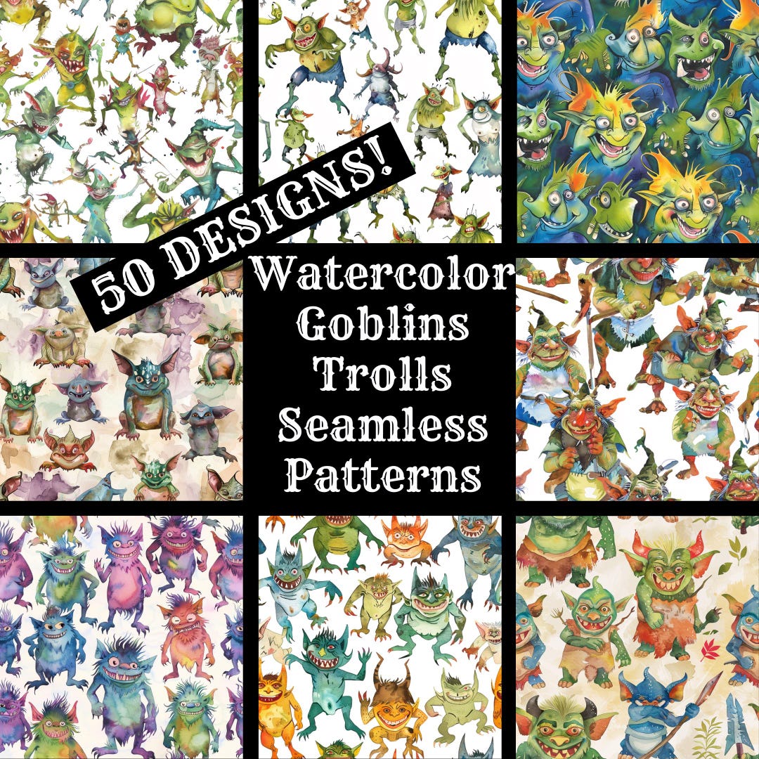 Watercolor Goblins Trolls Seamless Pattern: Printable Digital Paper ...