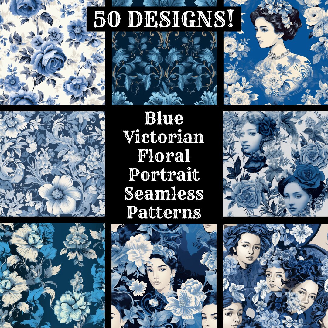 Blue Victorian Floral Portrait Seamless Digital Paper Printable