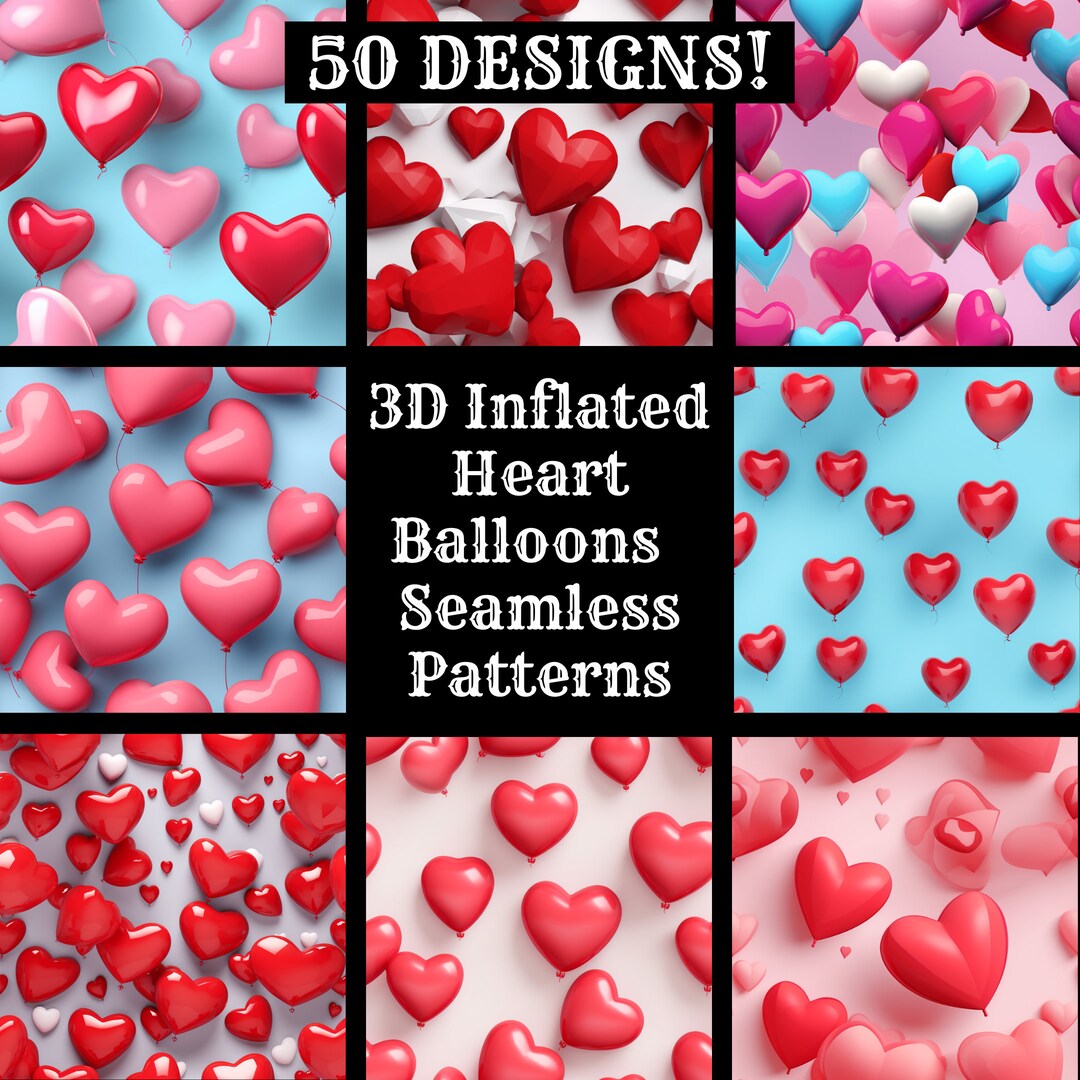 3D Inflated Heart Balloons Seamless Digital Paper, Printable Scrapbook ...